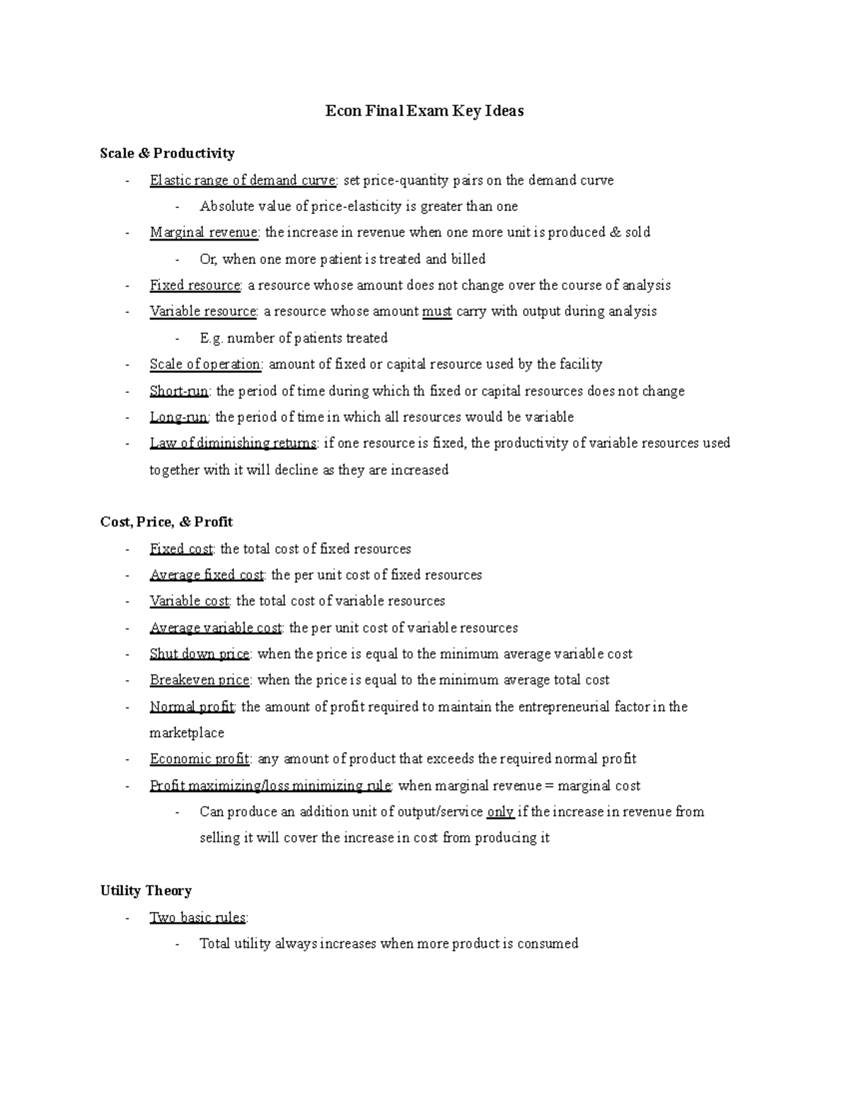 Final exam key ideas - Econ Final Exam Key Ideas Scale & Productivity ...