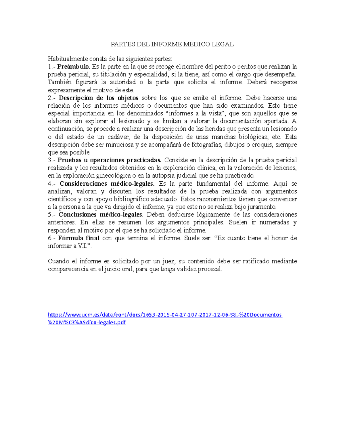Partes que deber incluir el Informe Medico Legal - PARTES DEL INFORME ...