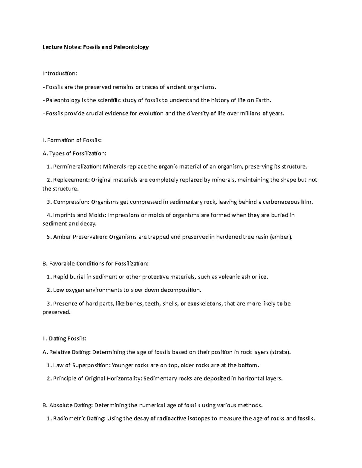 Lecture Notes: Fossils and Paleontology - Lecture Notes: Fossils and ...