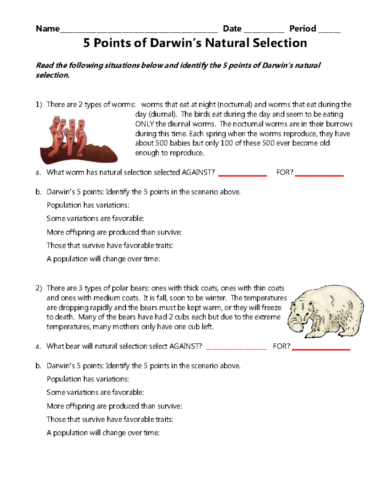 Darwin’s Natural Selection Worksheet - Name ...