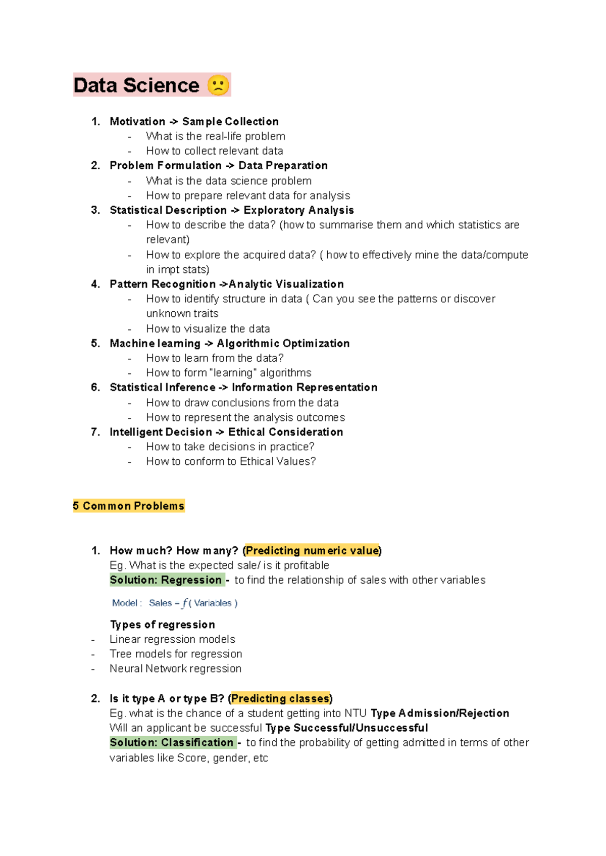 IE1005 Summary Notes - Data Science 🙁 Motivation -> Sample Collection ...