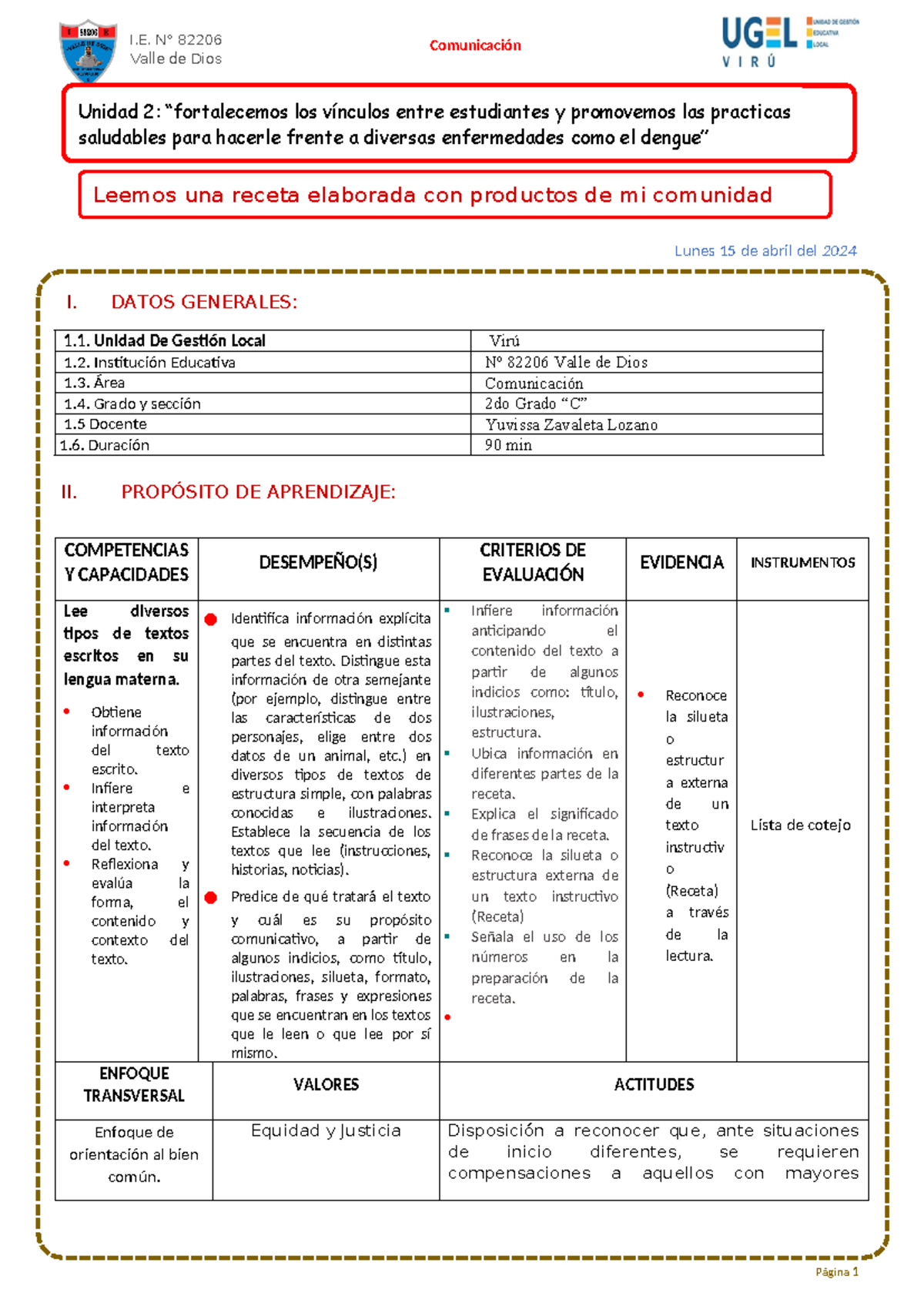 2 Comunicacion Sesion Y Ficha Leemos UNA Receta UNI2 SEM 1 - I. N° 82206 Comunicación ...