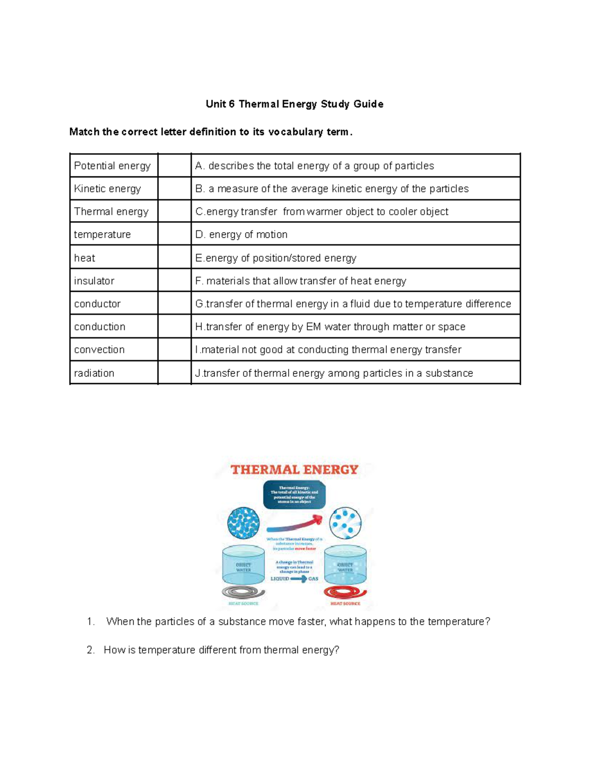 Unit 6 Thermal Energy Study Guide - Unit 6 Thermal Energy Study Guide ...