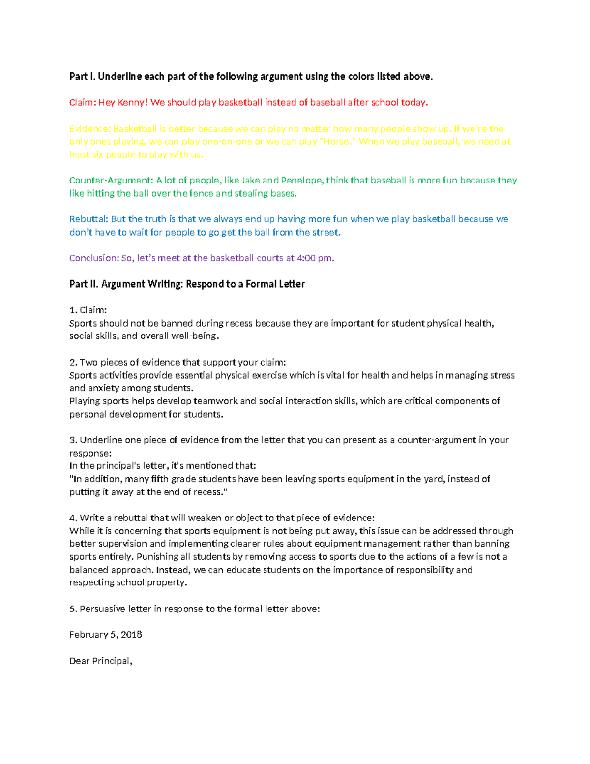 Part I - Underline each part of the following argument using the colors ...