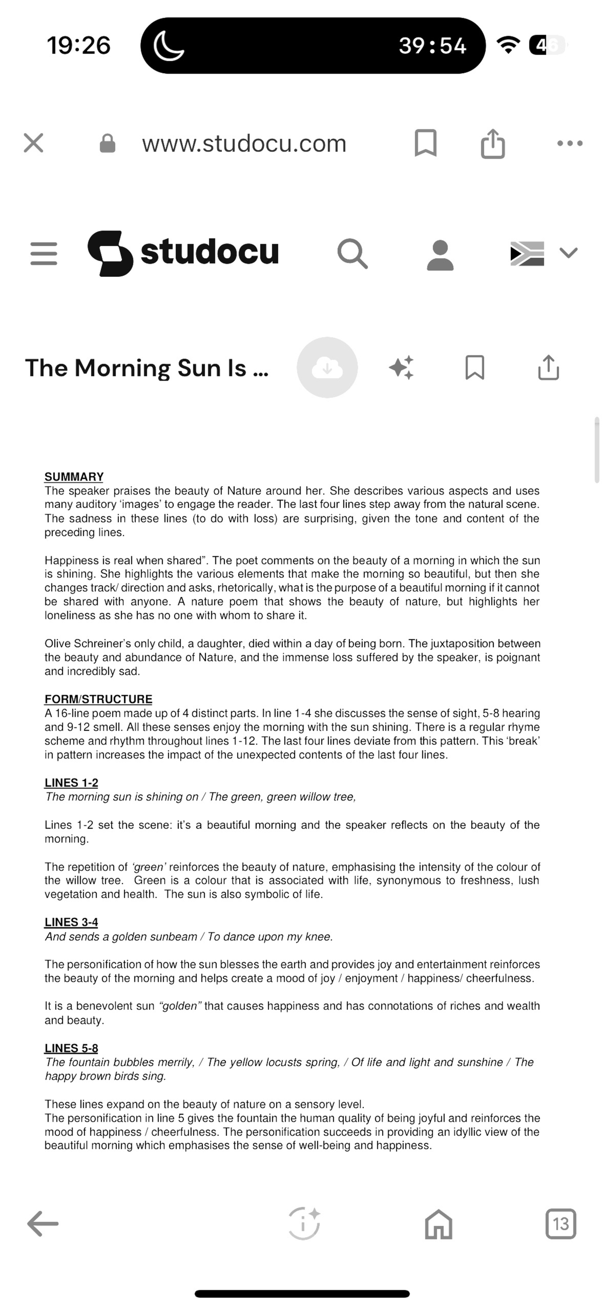 Document 4 - Note. On poem - 19:26 39:54 4 X studocu The Morning Sun Is ...
