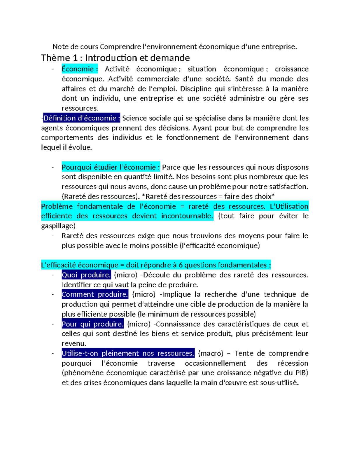Note de cours ECON - Note de cours Comprendre l’environnement ...