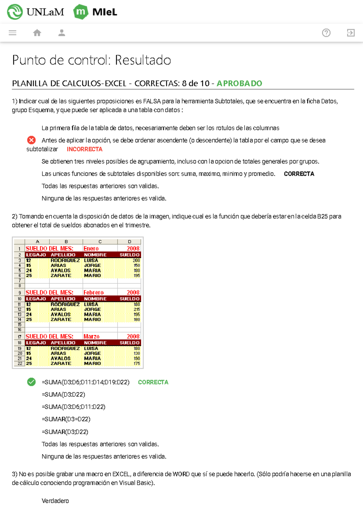 MIe L - Materias Interactivas en Línea-2 - Punto de control: Resultado PLANILLA DE CALCULOS ...