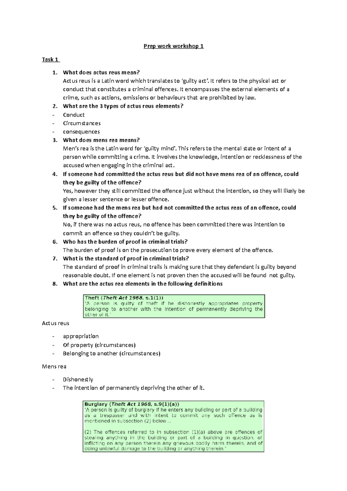 Criminal law - workshop 1 - Prep work workshop 1 Task 1 What does actus reus mean? Actus reus is ...