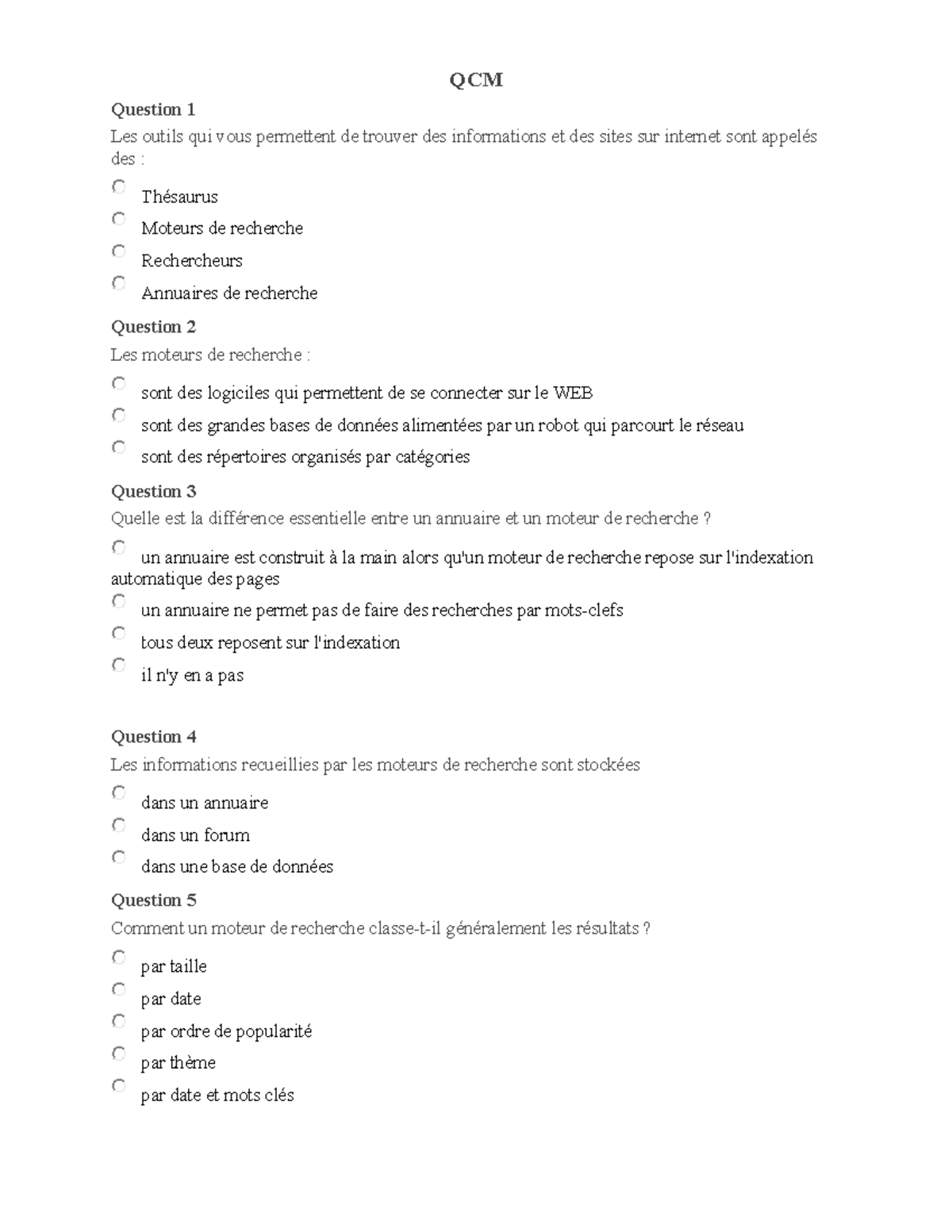 QCM sur les moteurs de recherche - QCM Question 1 Les outils qui vous ...