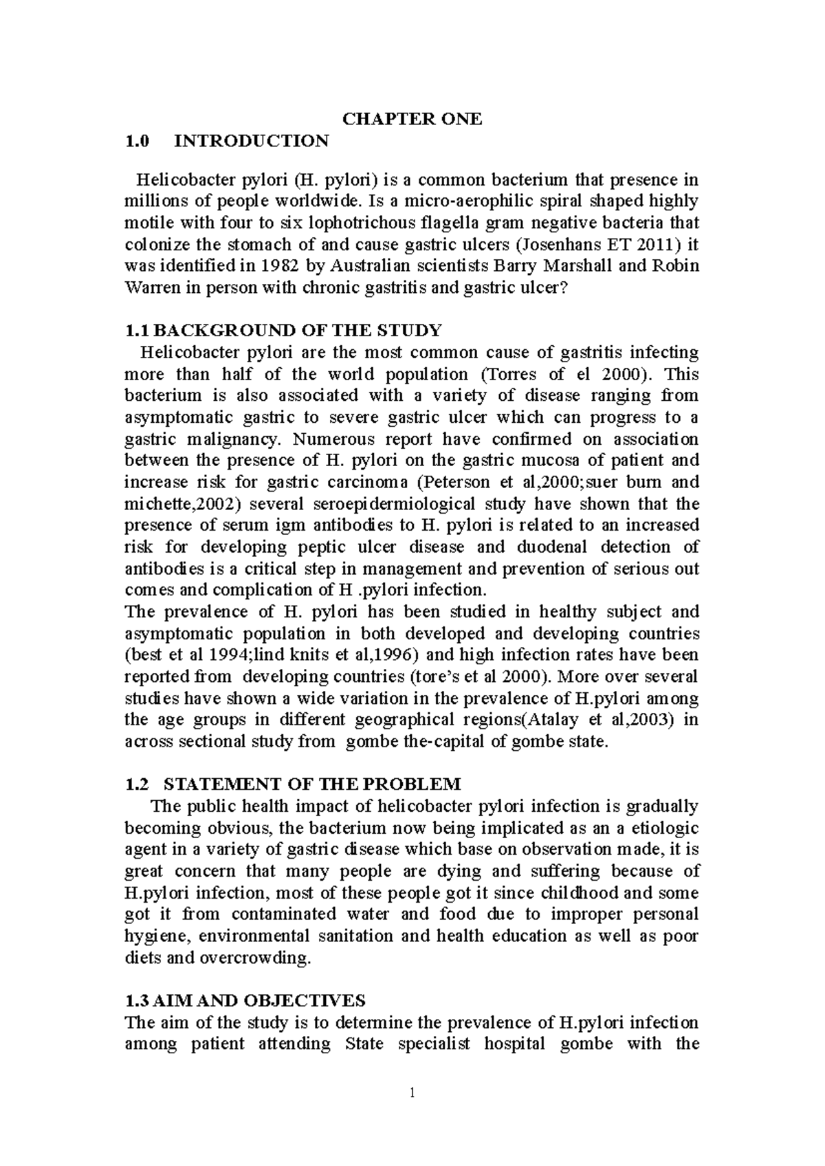 MLT Ibrahim saidu - CHAPTER ONE 1 INTRODUCTION Helicobacter pylori (H ...
