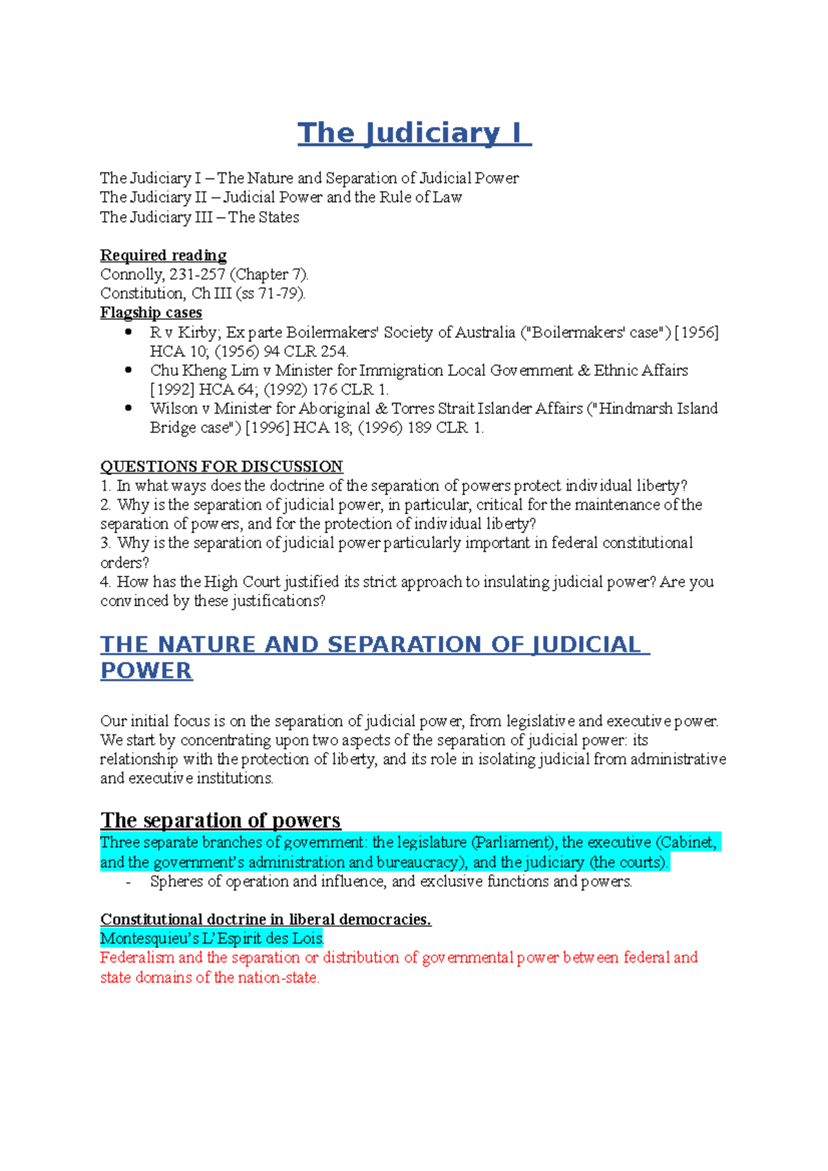 LAWS1205 Judiciary Notes - The Judiciary I The Judiciary I – The Nature ...