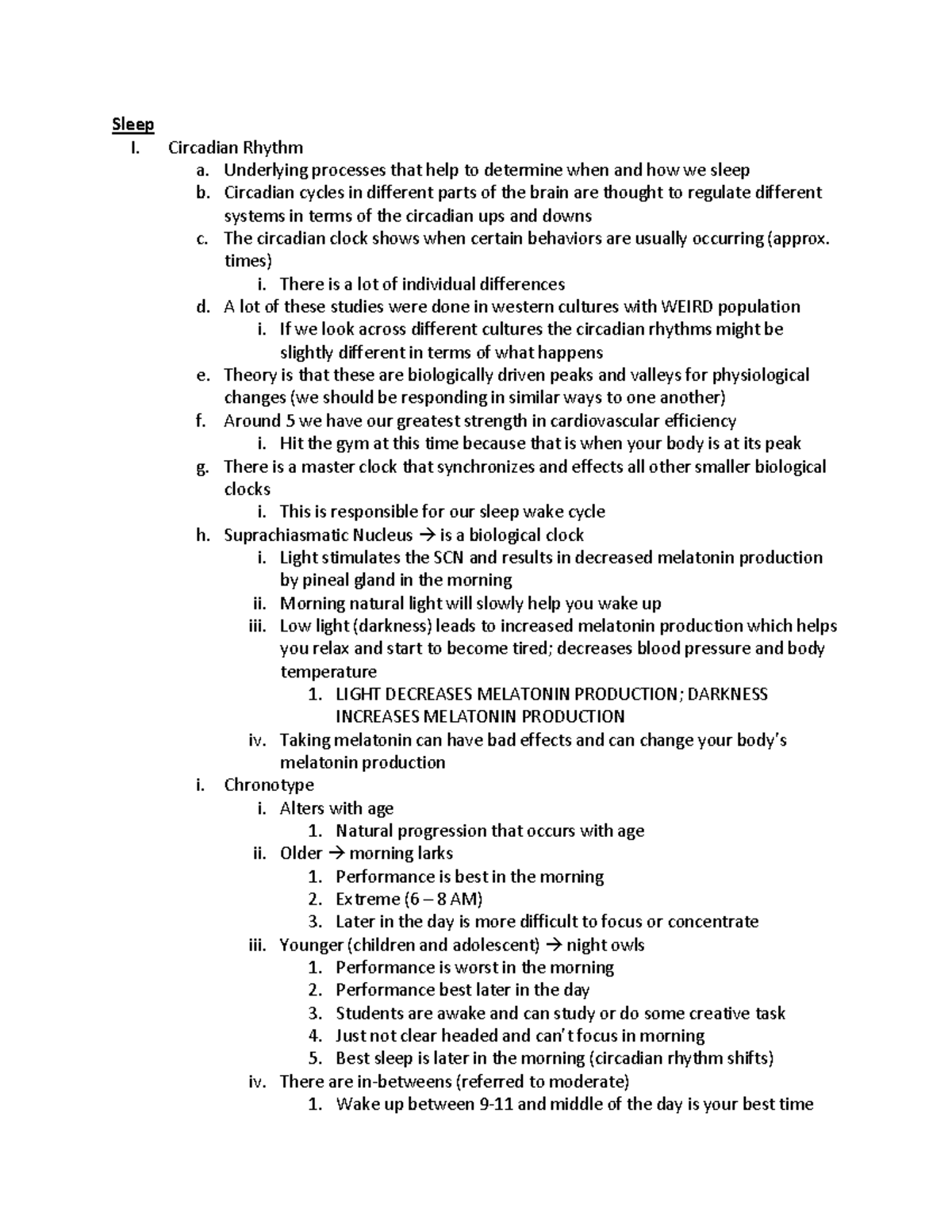 Biopsychology Sleep Notes - Sleep I. Circadian Rhythm a. Underlying ...