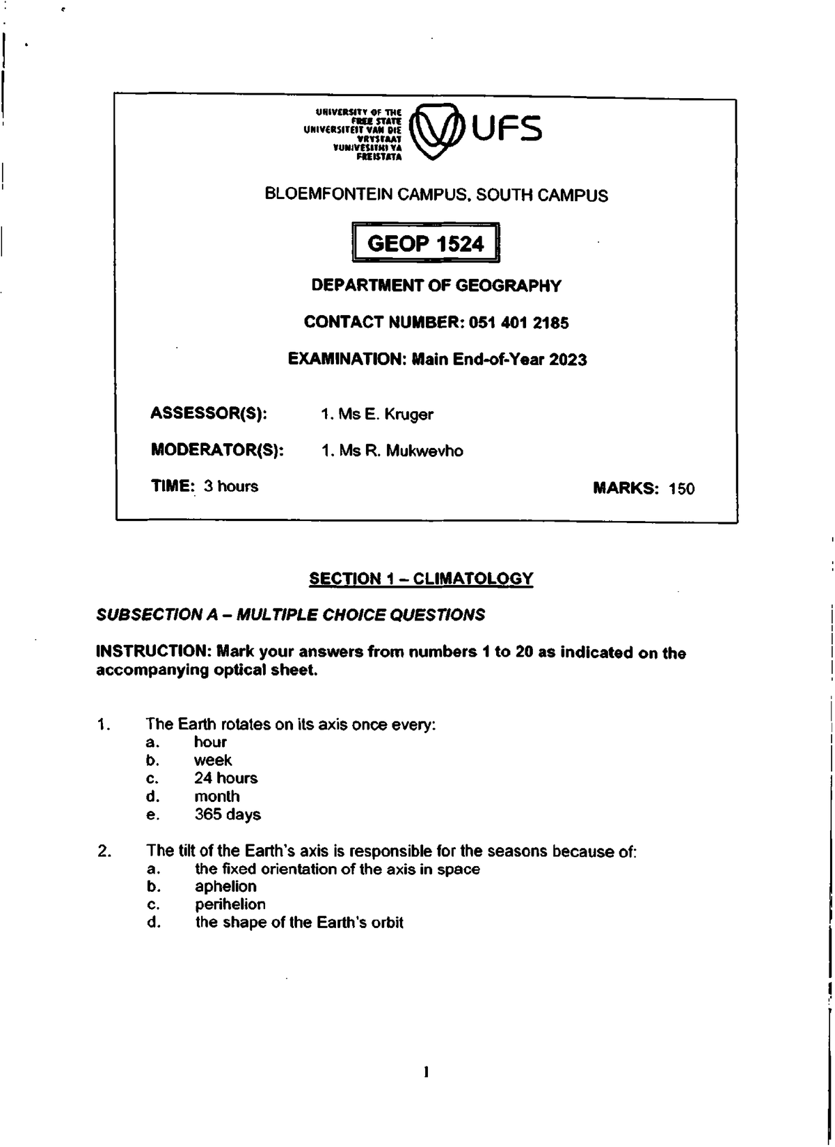 june test- 1 -2023 - UNIVERSITY OF THE FREE STATE UNIVERSITEST VAN DIE ...