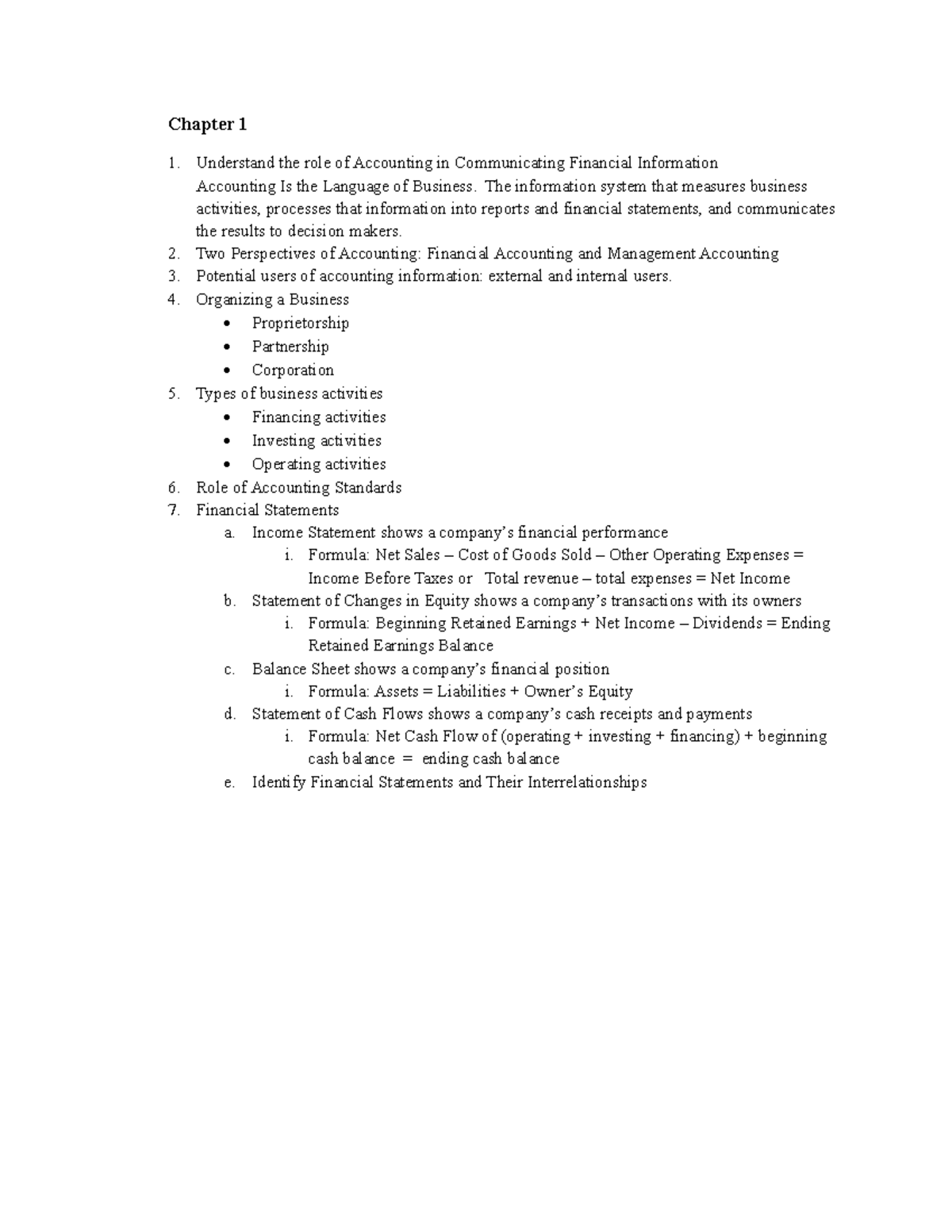 Key Points Summary - Chapter 1 1. Understand the role of Accounting in Communicating Financial ...