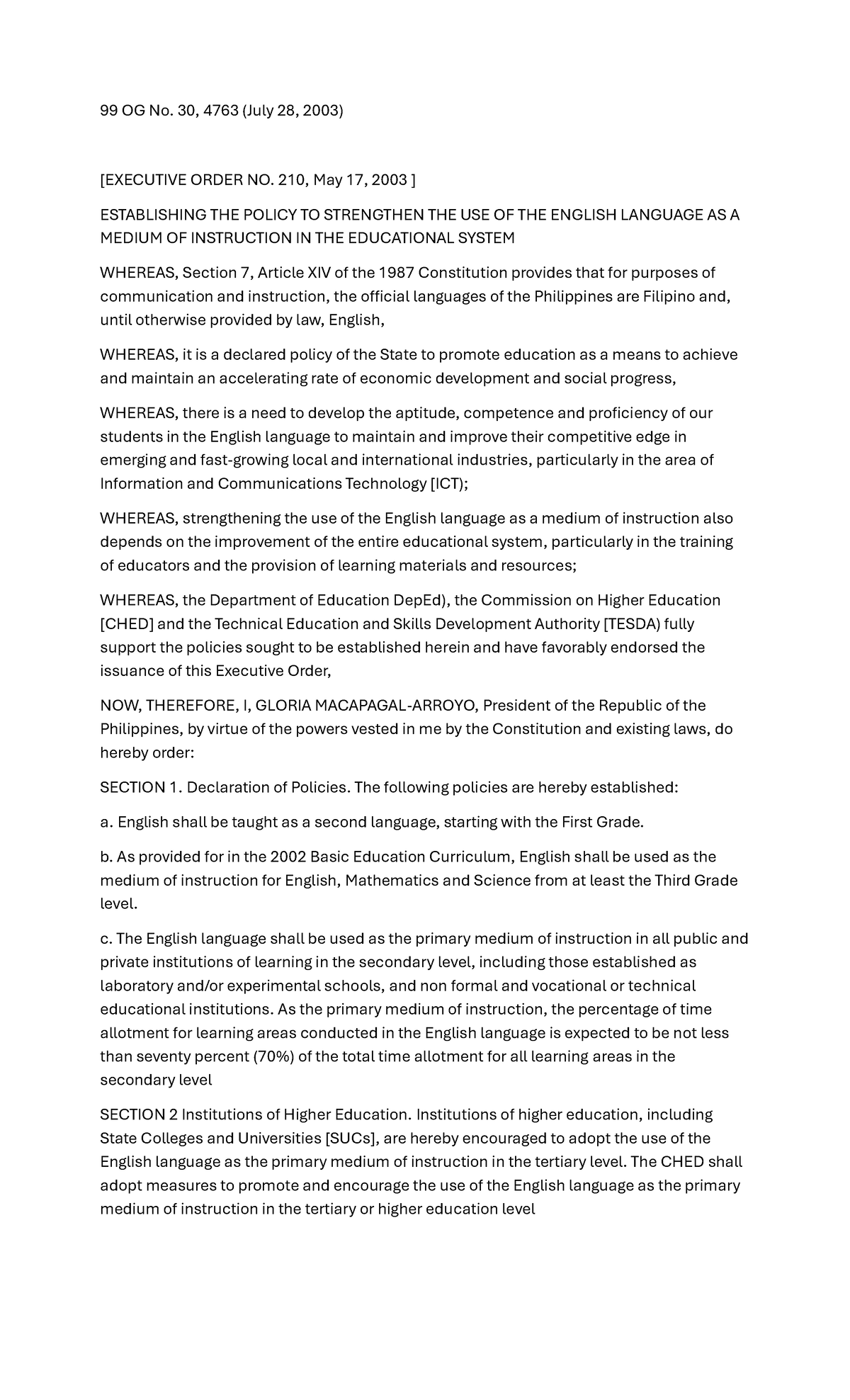 Major-13 - Laws - 99 OG No. 30, 4763 (July 28, 2003) [EXECUTIVE ORDER ...