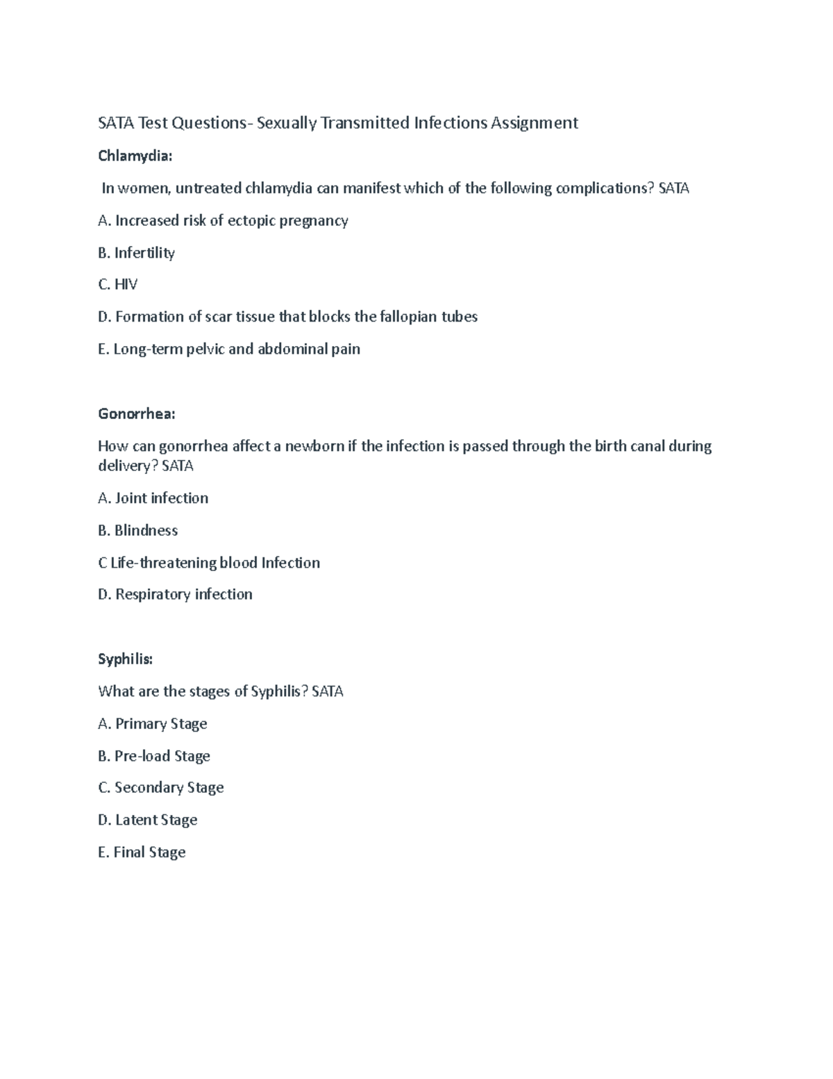SATA Test Questions- Sexually Transmitted Infections Assignment - SATA ...
