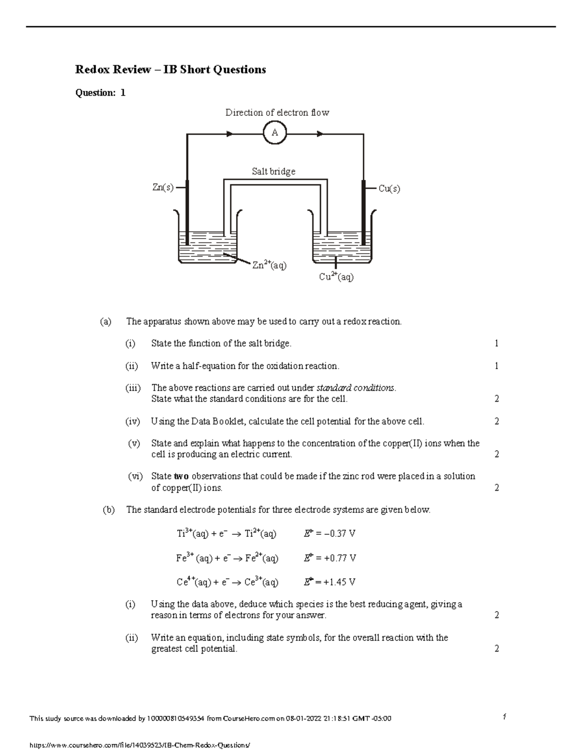 IB Chem Redox Questions - 1 Redox Review ñ IB Short Questions Question ...