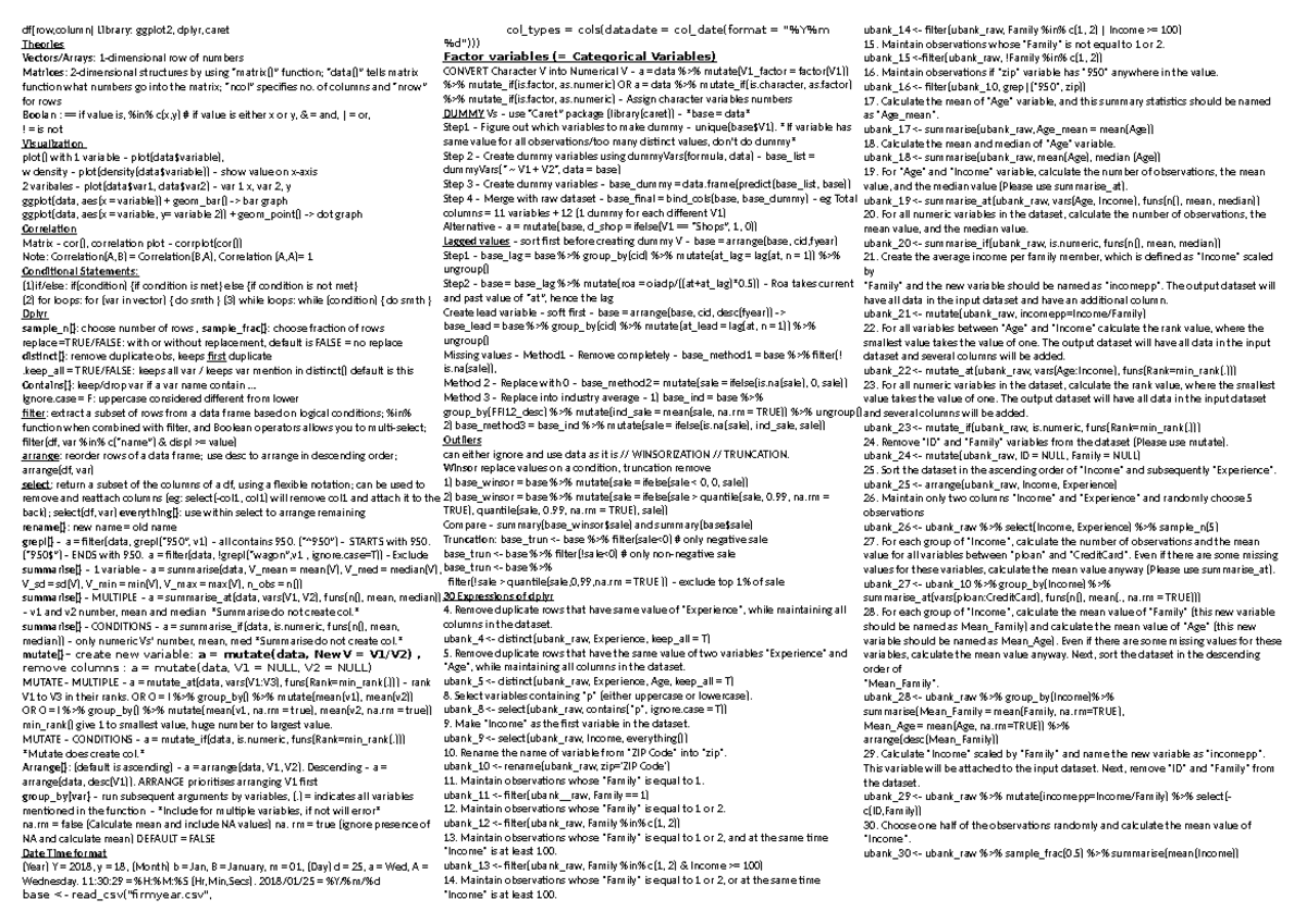 Stat Prog Midterm Cheat Sheet Df Rowcolumn Library Ggplot2 Dplyr