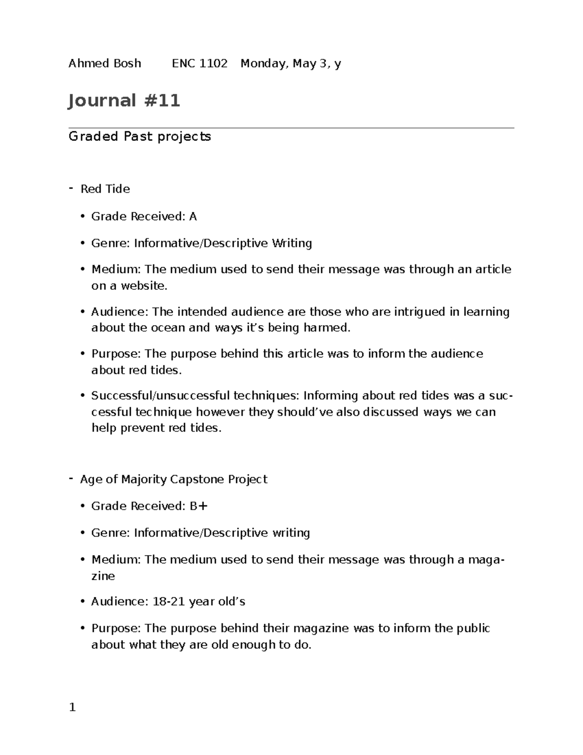 Journal 11 - Homework for Kimberly Miles - Ahmed Bosh ENC 1102 ...