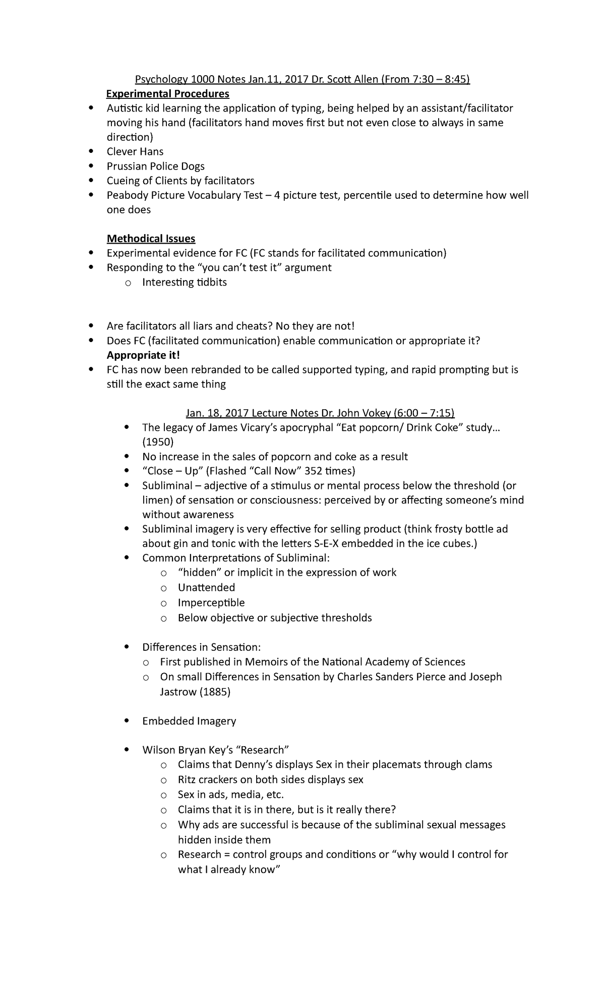 Psychology 1000 Notes - Psychology 1000 Notes Jan, 2017 Dr. Scott Allen ...