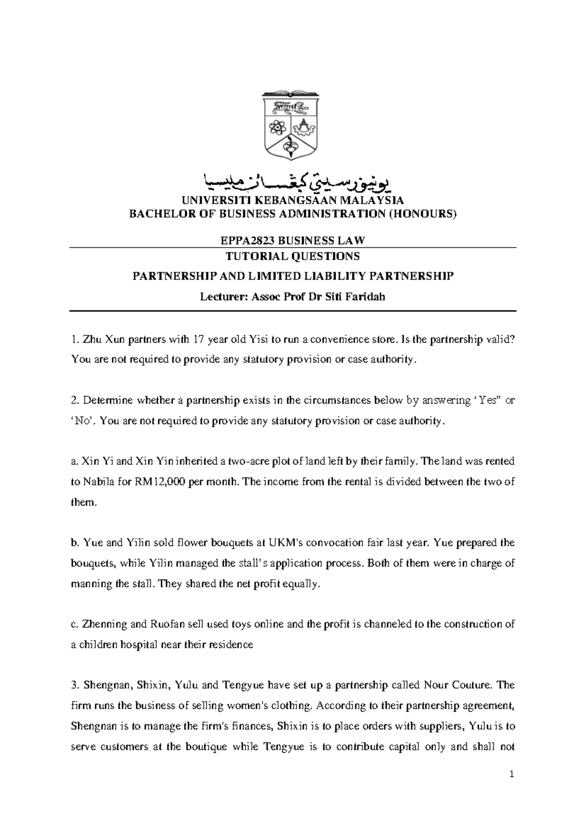 7 EPPA2823 Partnership AND LLP Tutorial Questions - 1 UNIVERSITI ...