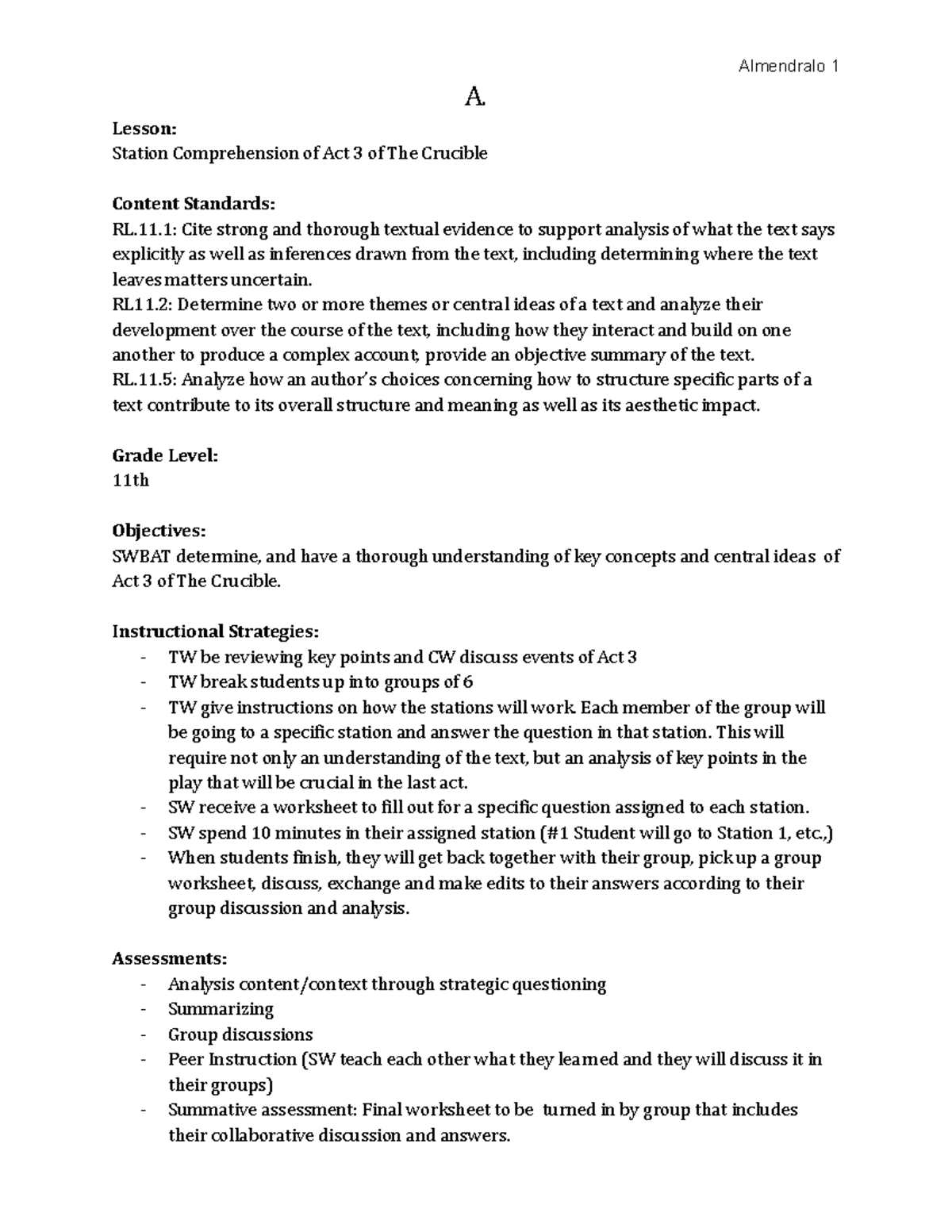 D182 The Reflective Practitioner Task 1 A Lesson Station Comprehension Of Act 3 Of The