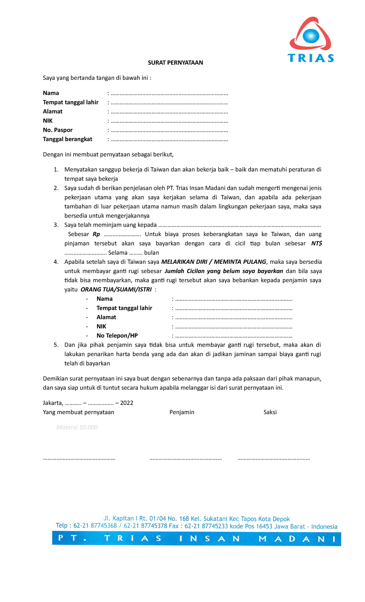 Surat Pernyataan Penjamin Trias - SURAT PERNYATAAN Saya yang bertanda ...