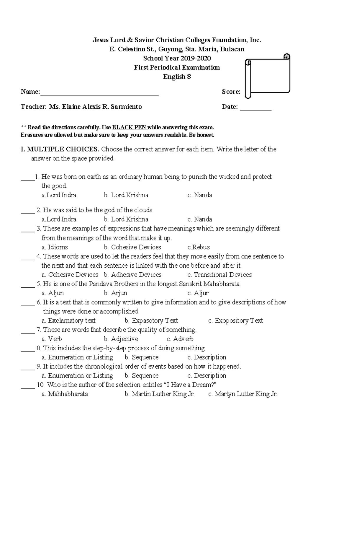 Grade 8 - This is a sample test in English for Junior High School ...