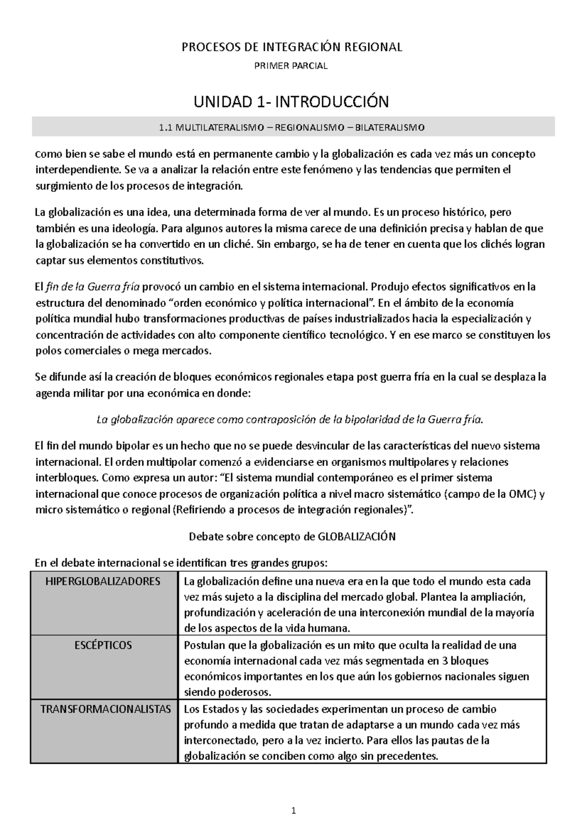 Resumen Unidad 1 - ......................... - PROCESOS DE INTEGRACIÓN REGIONAL PRIMER PARCIAL ...