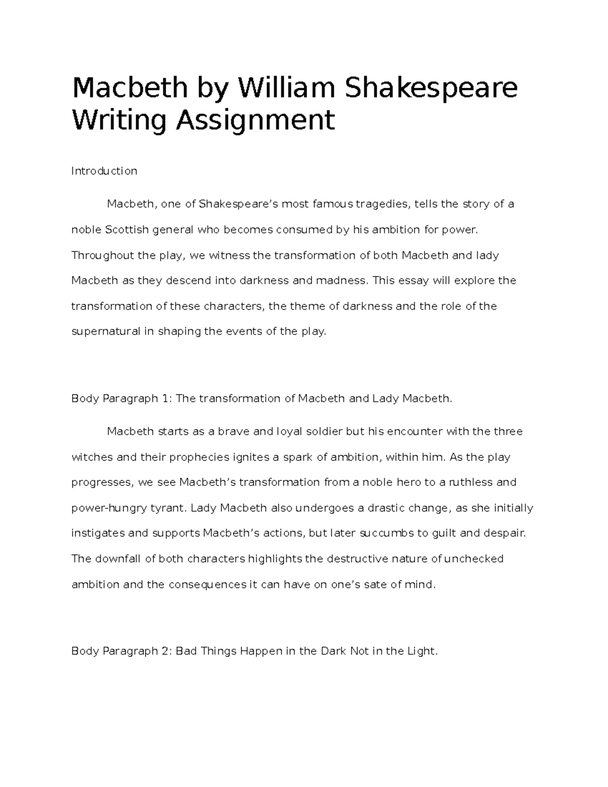 Macbeth by William Shakespeare Writing Assignment - Macbeth by William ...
