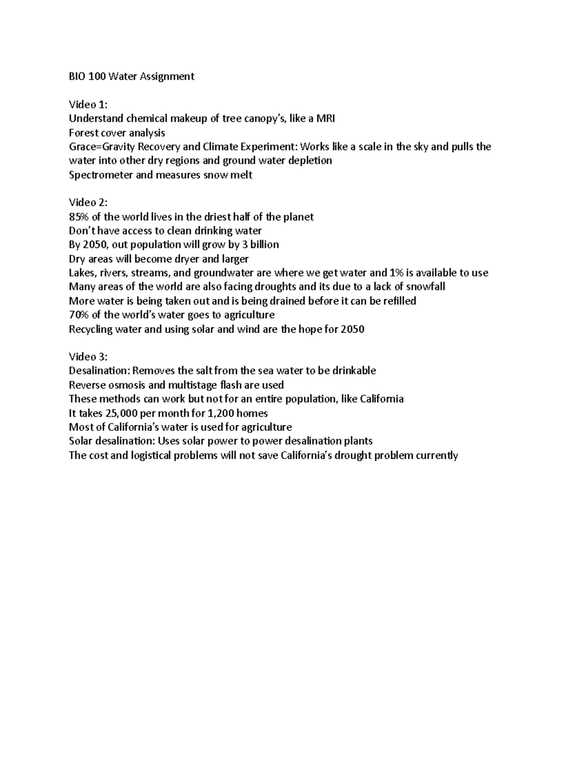 BIO 100 - Water Assignment - BIO 100 Water Assignment Video 1 ...
