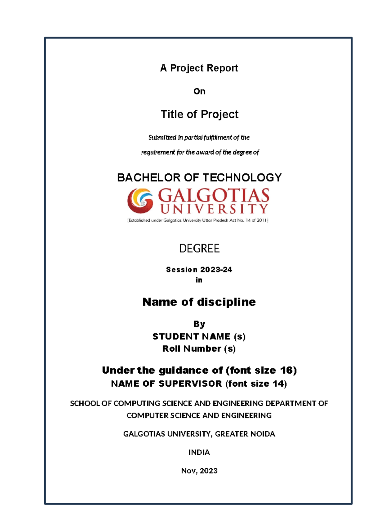 Project Report Format (2023-24) - A Project Report On Title of Project Submitted in partial ...