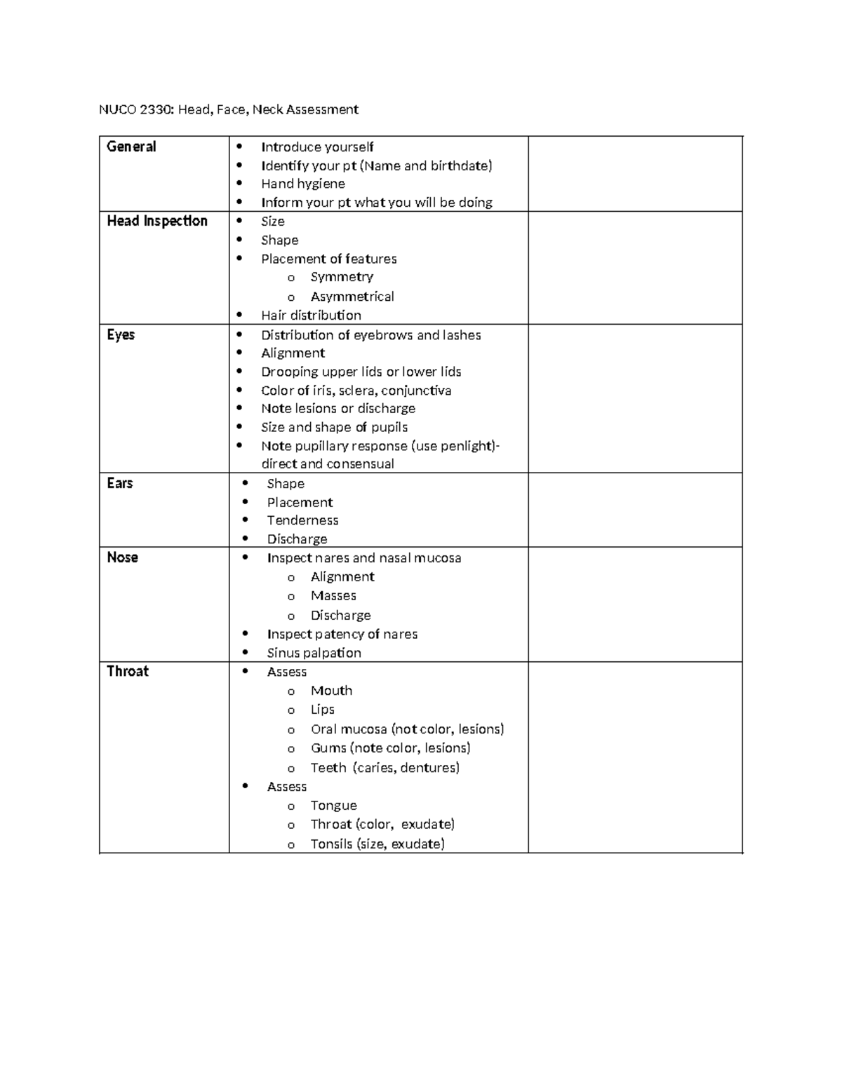 Heent Checklist - NUCO 2330: Head, Face, Neck Assessment General ...