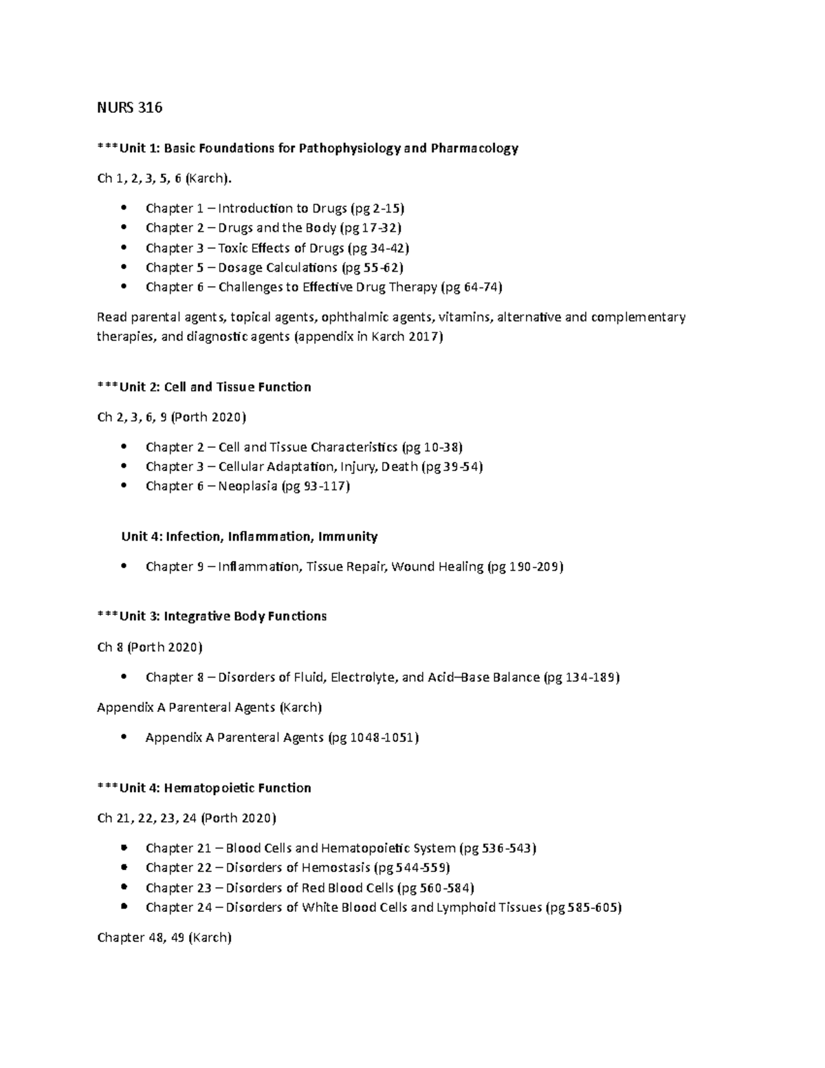 NURS 316 and 317 schedule - NURS 316 ***Unit 1: Basic Foundations for Pathophysiology and - Studocu