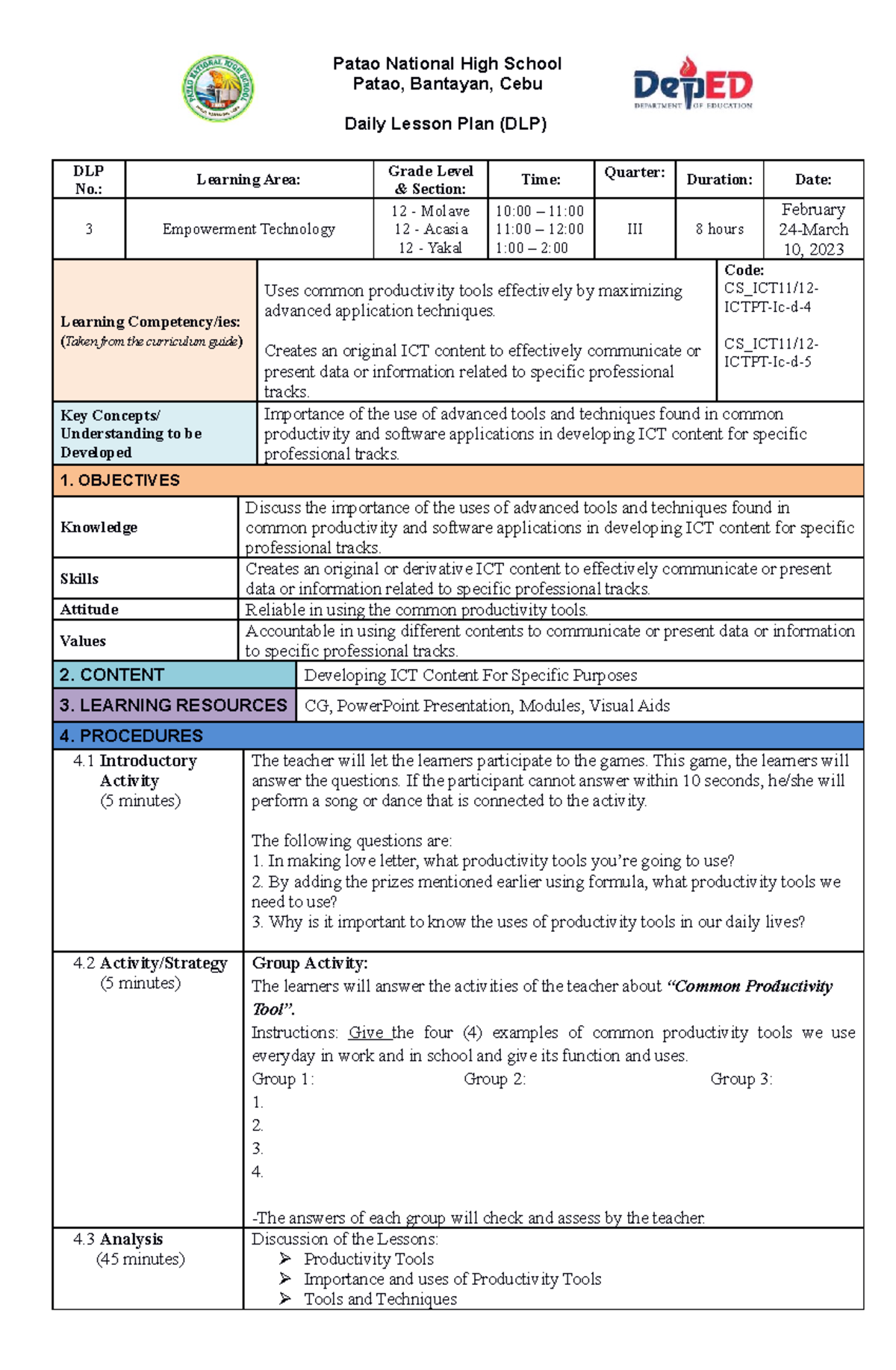 L4 Empowerment DLP - Lesson Plan - Patao National High School Patao ...