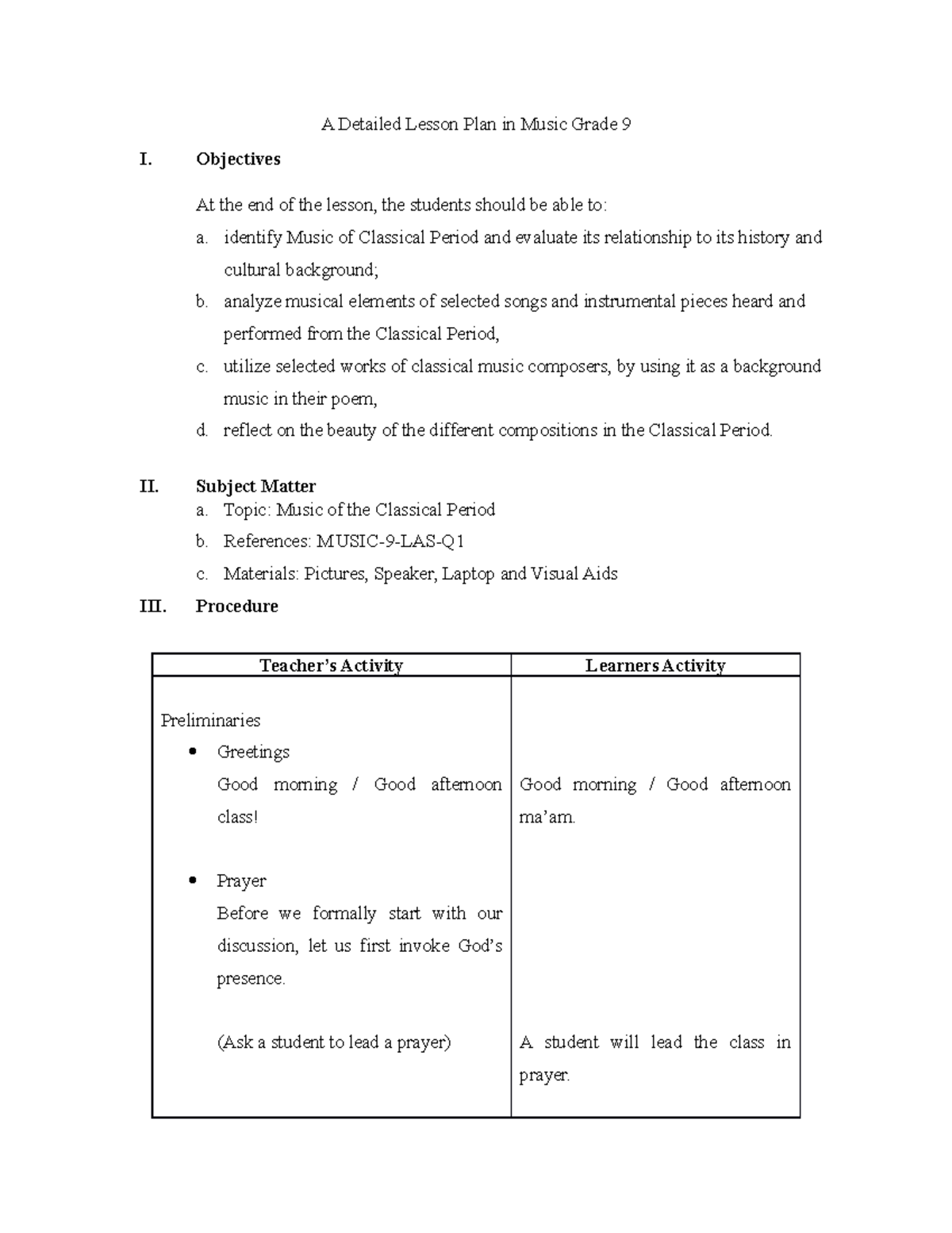 DLP in Music Grade 9 ( Classical Music) - A Detailed Lesson Plan in ...