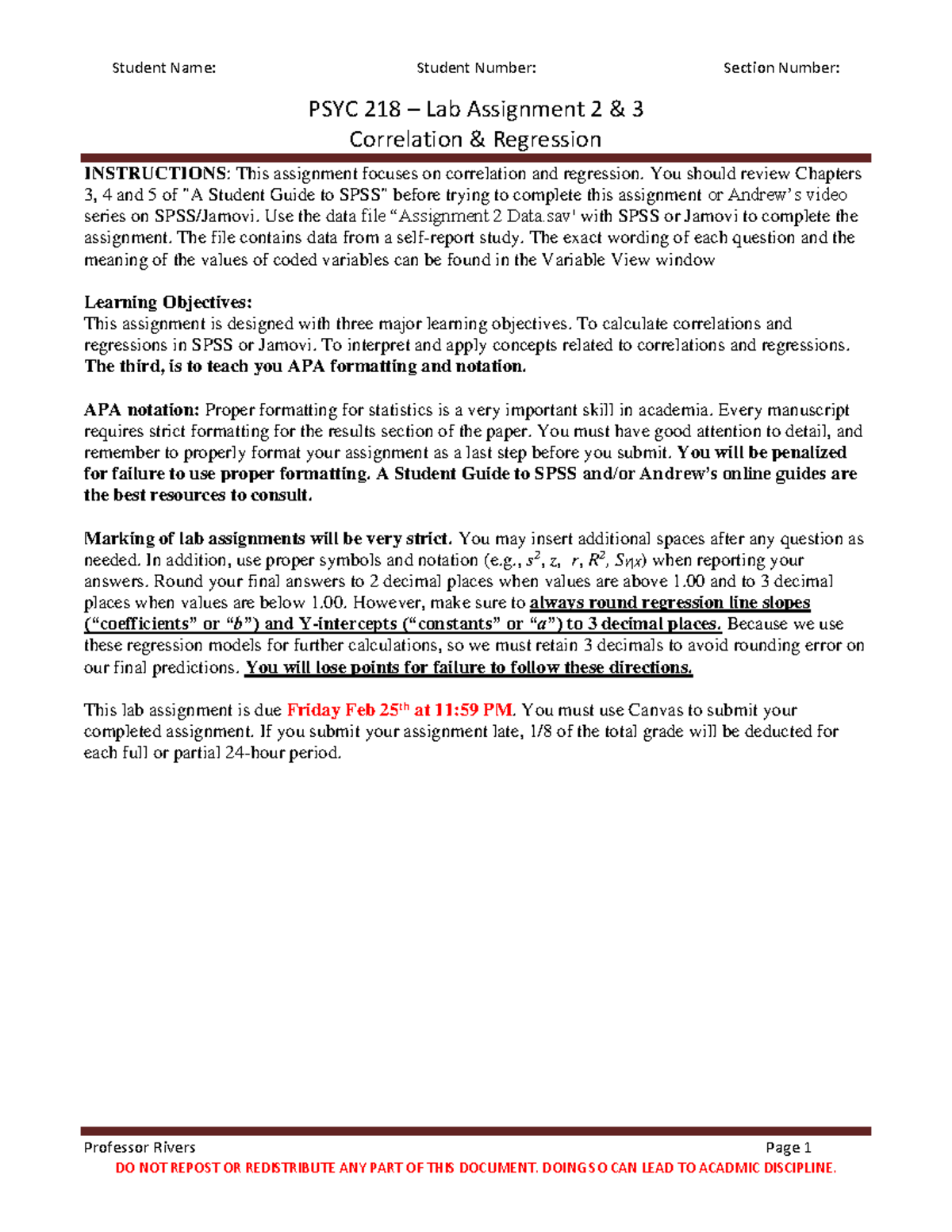 Assignment 2 2024 - PSYC 218 – Lab Assignment 2 & 3 Correlation & Regression Professor - Studocu