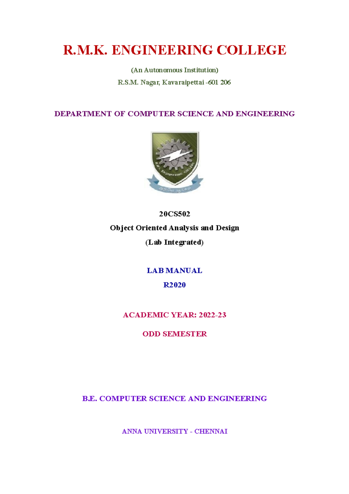 20CS502 OOAD Lab Manual - R.M. ENGINEERING COLLEGE (An Autonomous Institution) R.S. Nagar, - Studocu