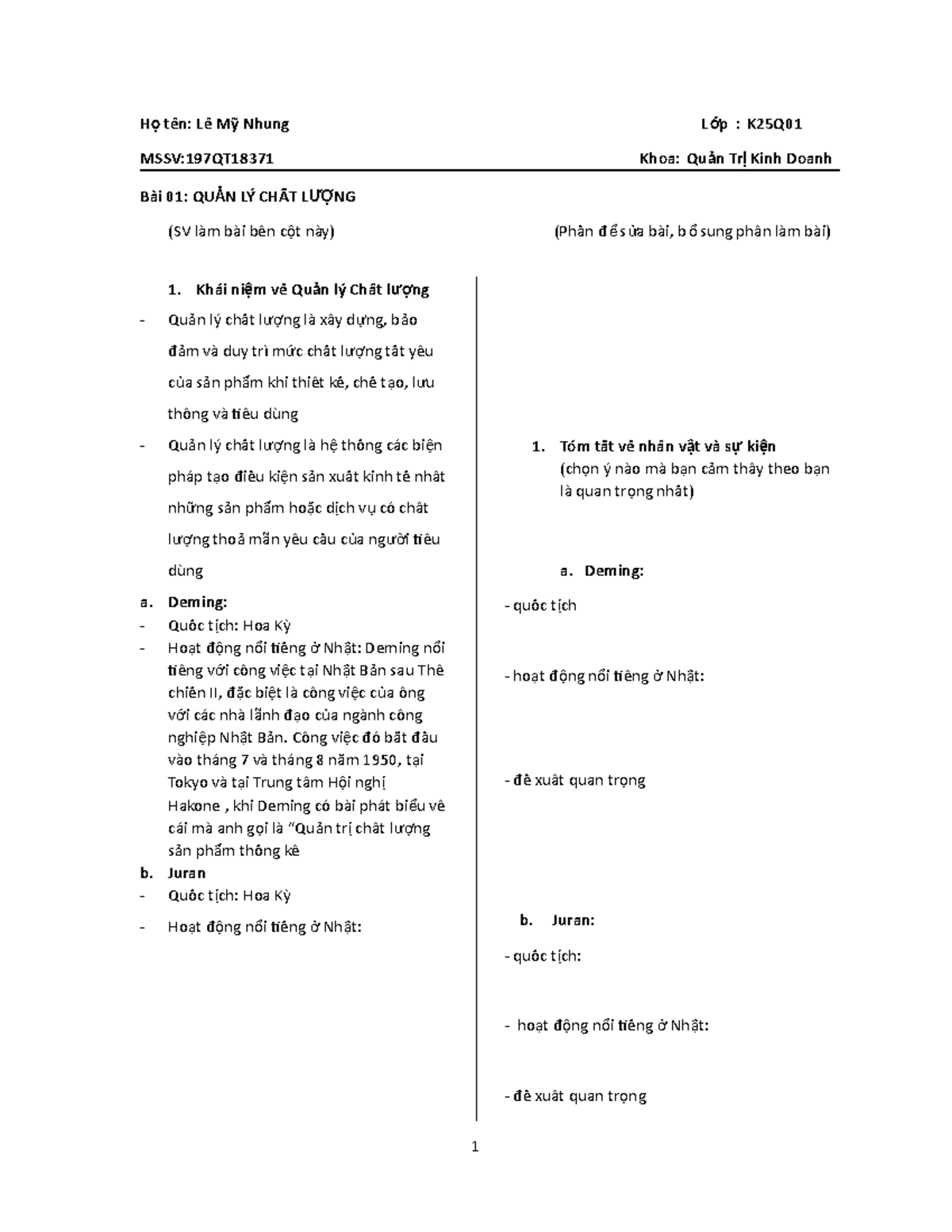 Le My Nhung - 197QT18371 2 - HMSSV:197QT18371 ọ tên:Lê Mỹỹ Nhung Khoa: Qu n Tr Kinh DoanhL ảớ p ...