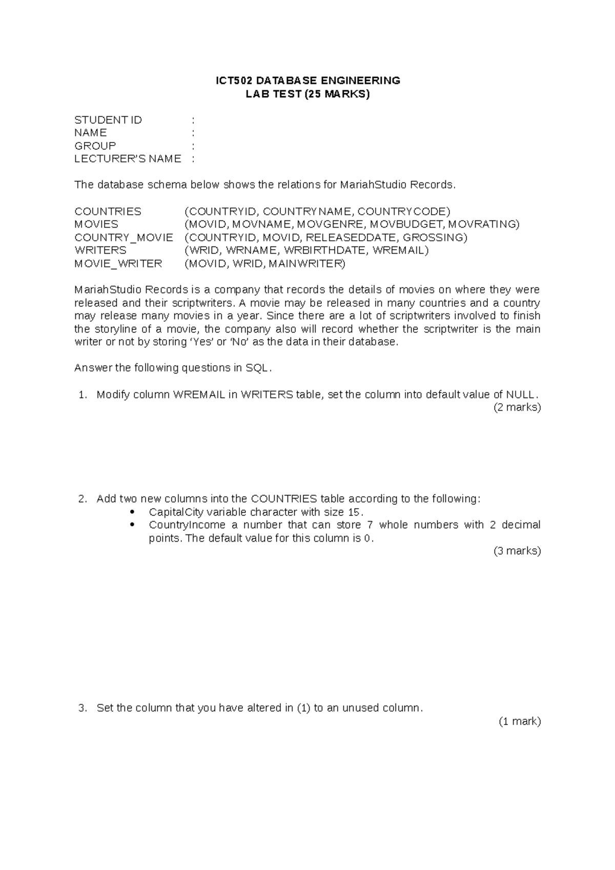 LAB TEST JAN 2021 - assessment - ICT502 DATABASE ENGINEERING LAB TEST ...