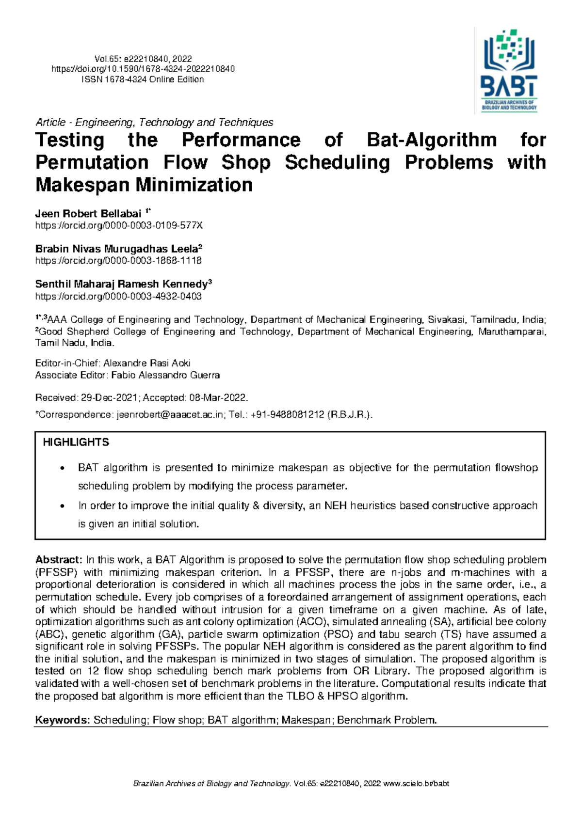 Testing the Performance of Bat Algorithm - Vol: e22210840, 2022 doi/10. ...