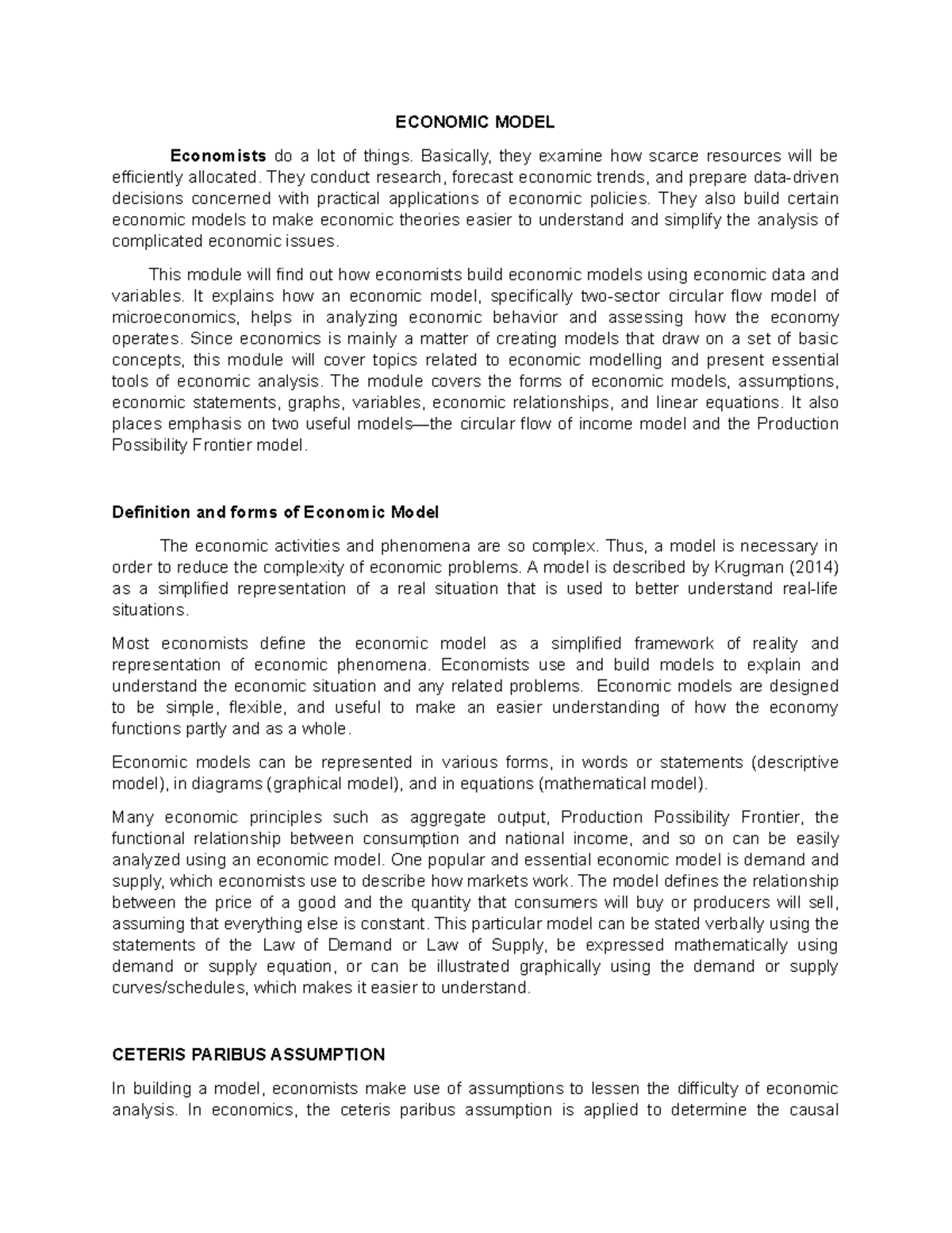 Study Guide in BAC 2 Basic Economics(Module 2) - ECONOMIC MODEL ...