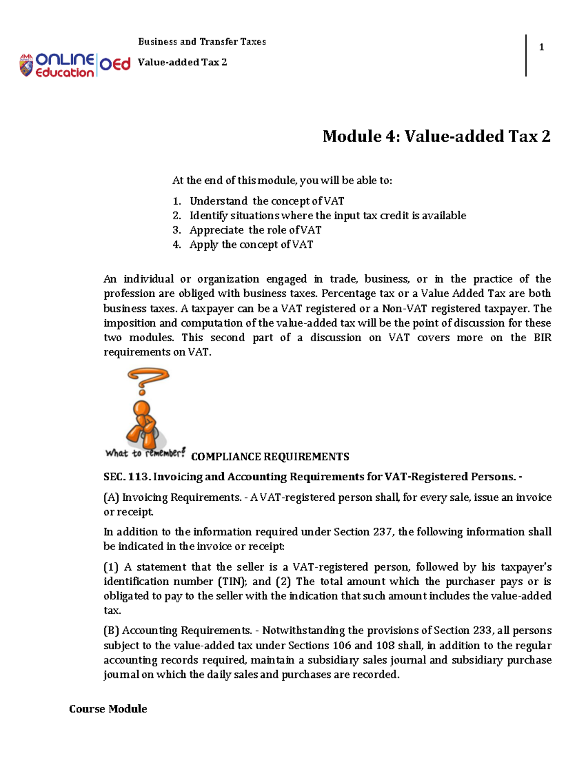 Module 004 - Value Added Tax 2 - Business and Transfer Taxes Value-added Tax 2 1 Course Module ...