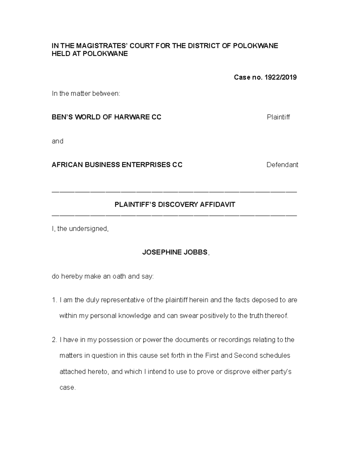 Discovery affidavit - Lecturer WH Young Civil Procedure University of ...