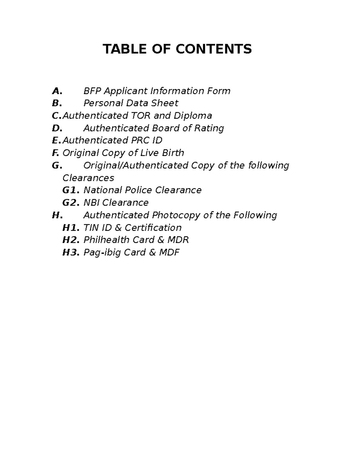 Document - The Teaching Profession - TABLE OF CONTENTS A. BFP Applicant Information Form B ...
