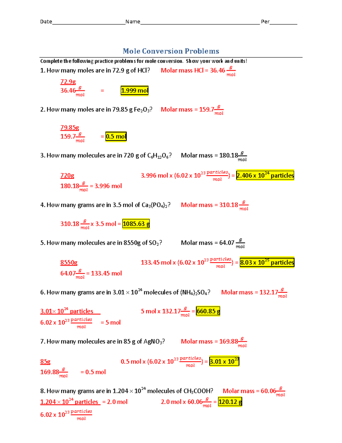 Mole conversion problems key - - Studocu