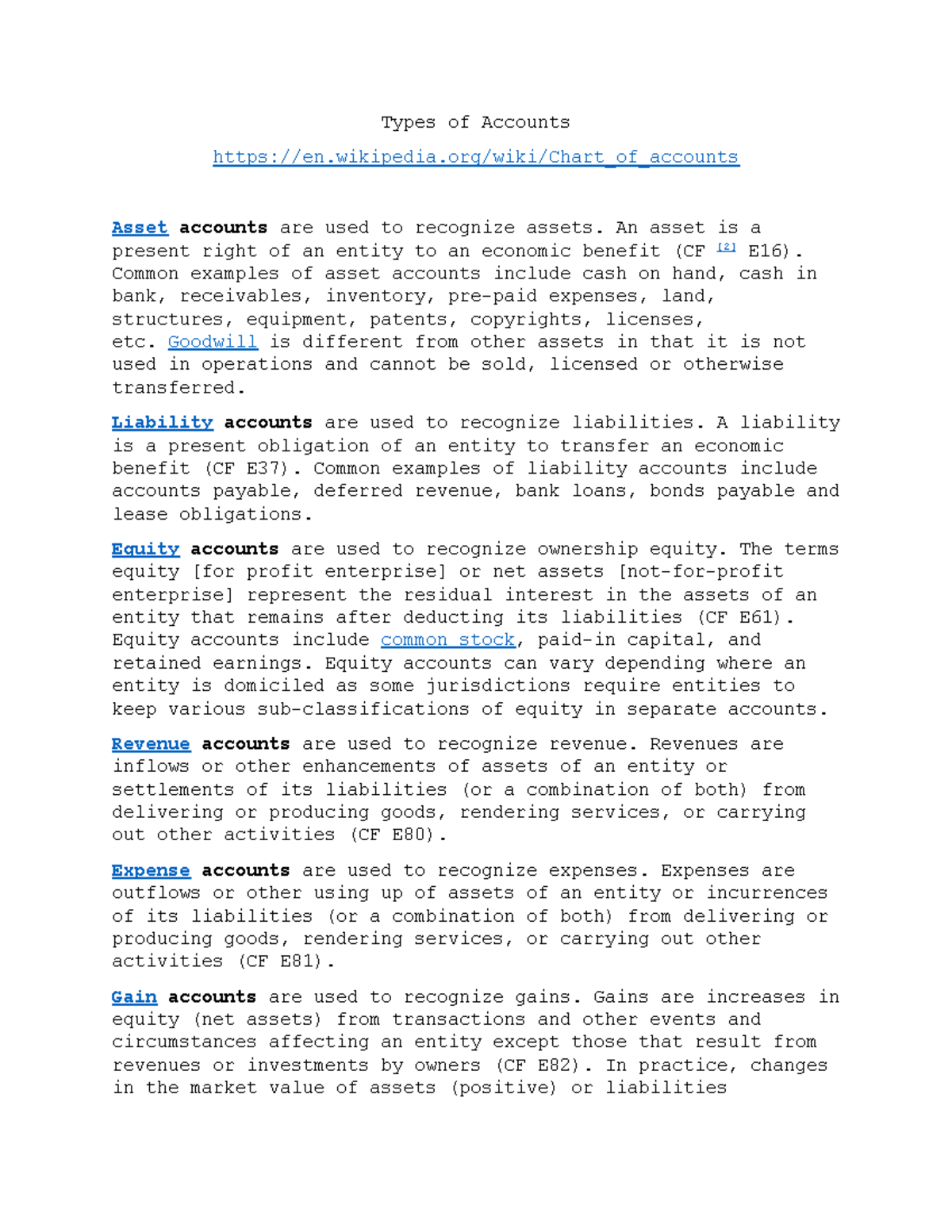 Types of Accounts - wikipedia/wiki/Chart_of_accounts Asset accounts are ...