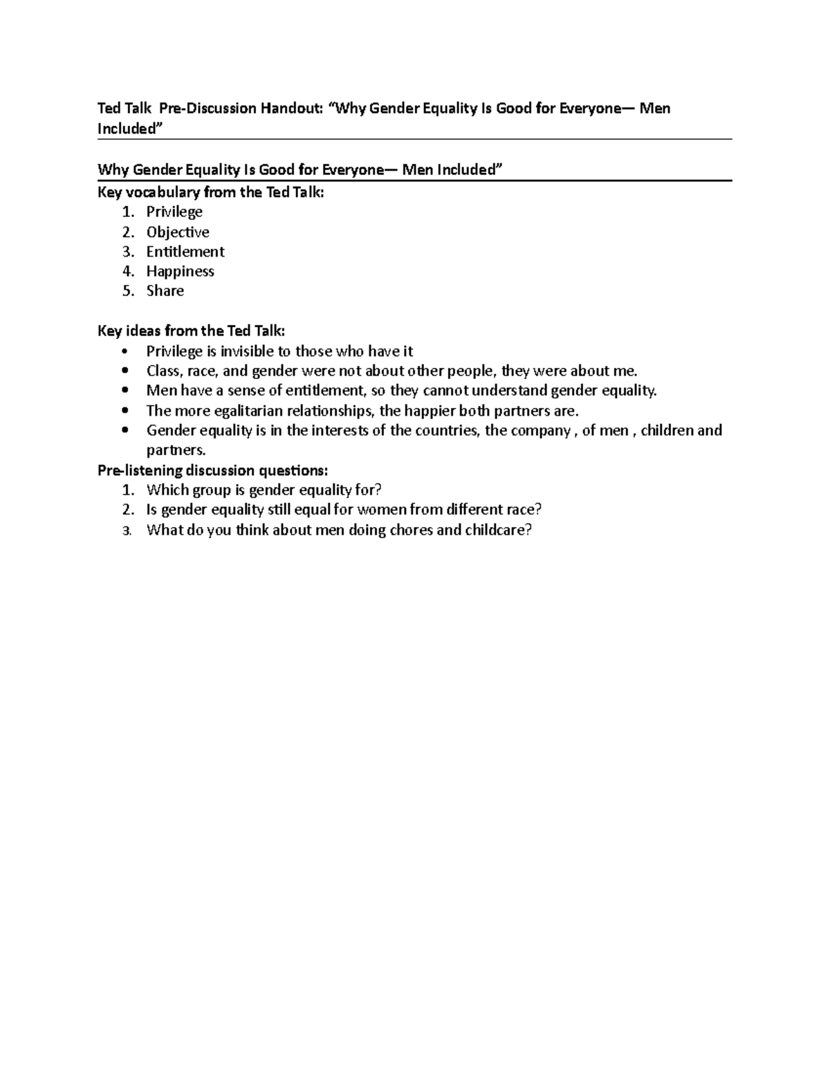 Pre-Discussion Class Notes-gender equality Ziping Ren - Ted Talk Pre ...