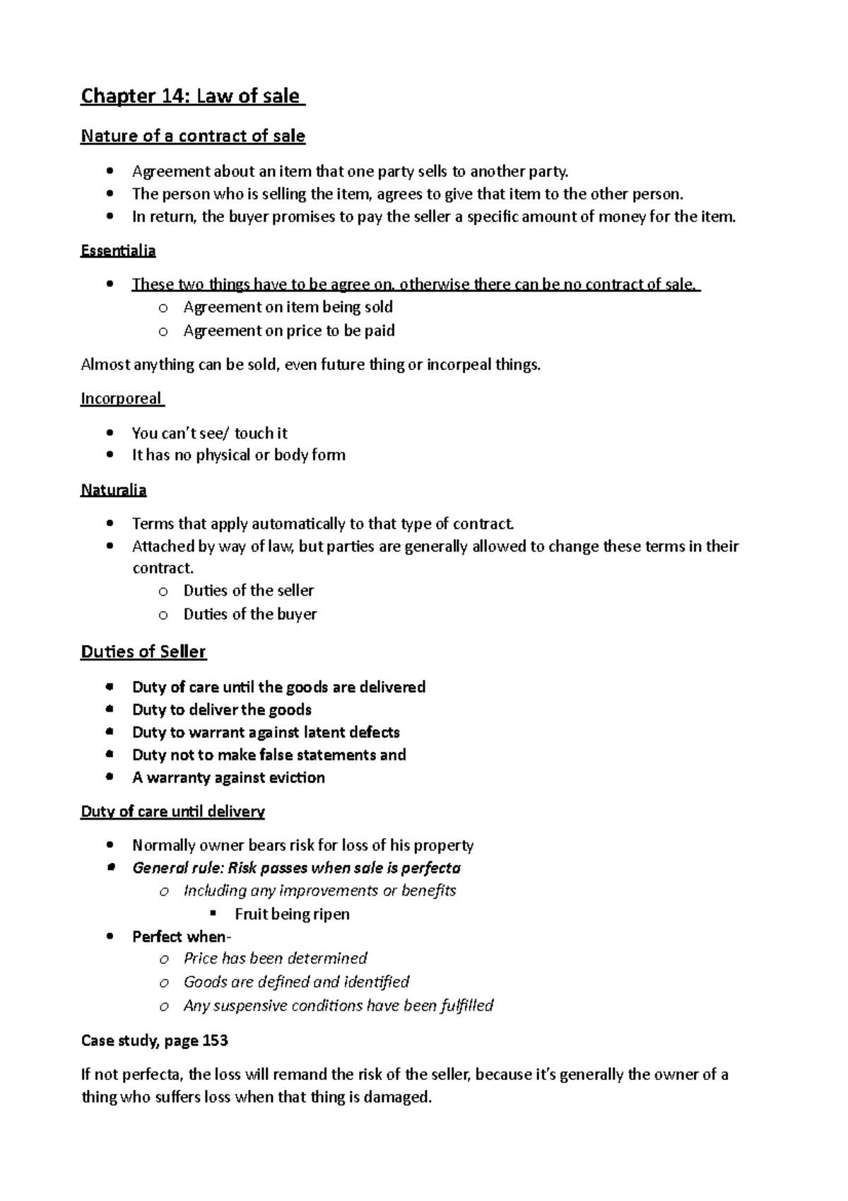 Chapter 14 - Chapter 14: Law of sale Nature of a contract of sale ...