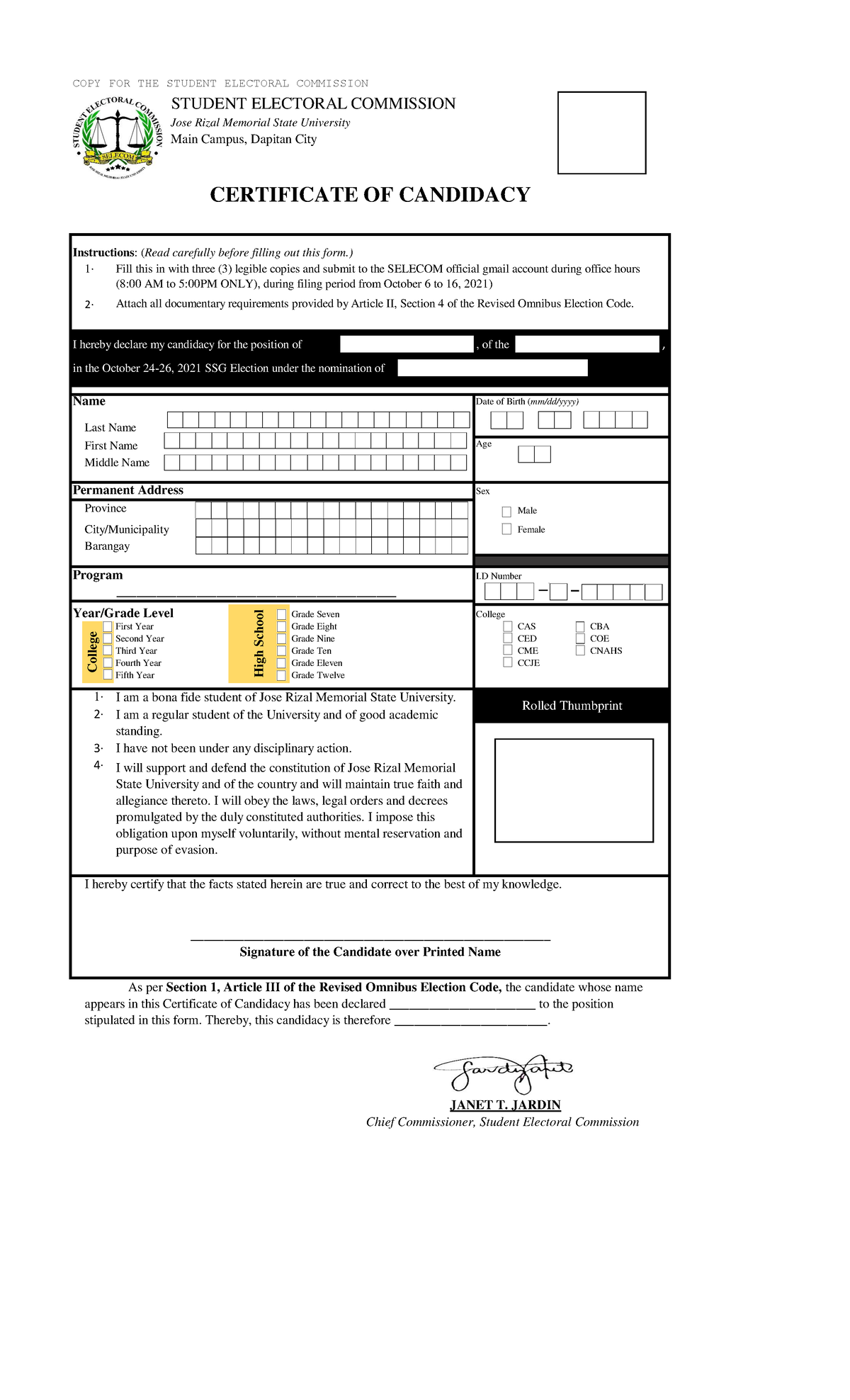 COC-2021 Certificate of Candidacy JRMSU S.Y. 2021-2022 - Fundamentals ...
